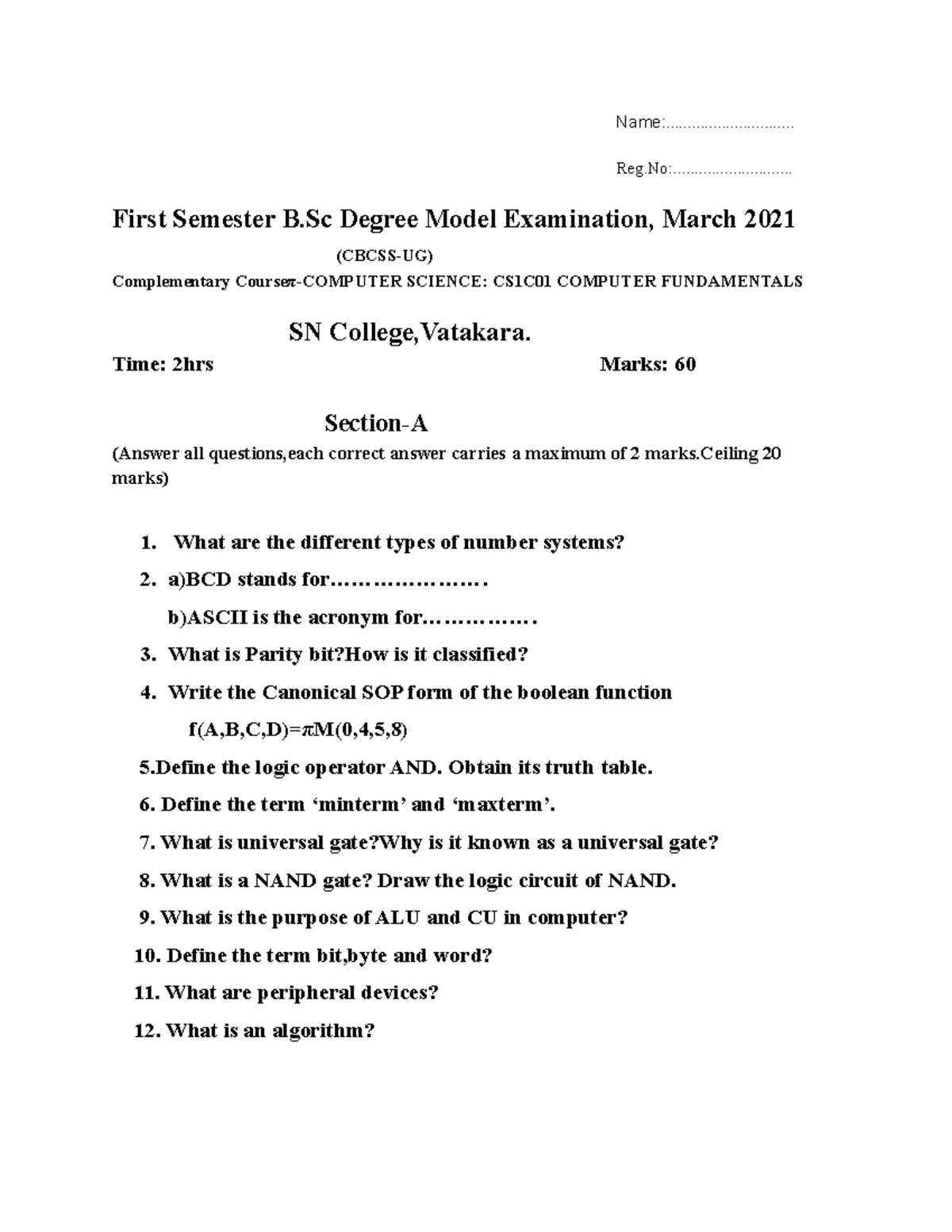 Basic Computer Fundamemtals question paper . - Name ...
