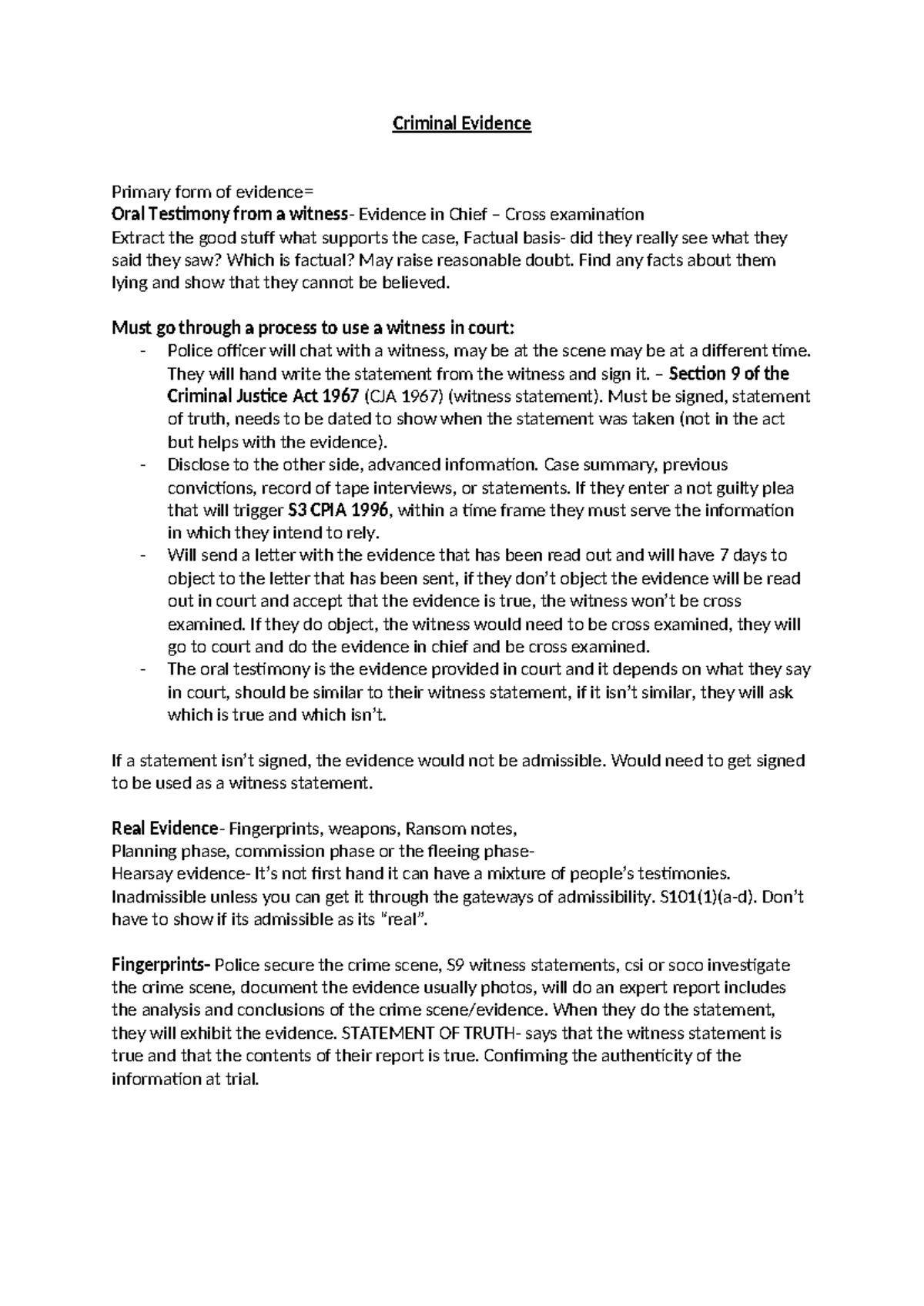 Types of Evidence - Lecture Notes - Criminal Evidence Primary form of ...