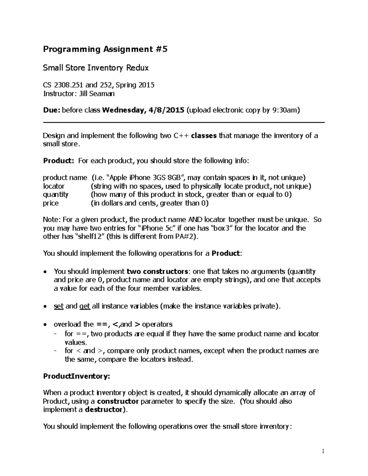 Assignment 5 - CS 2308 - Programming Assignment Small Store Inventory Redux CS 2308 and 252 ...