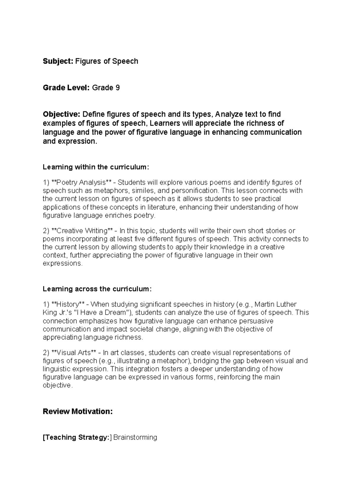 Lesson plan - None - Subject: Figures of Speech Grade Level: Grade 9 ...