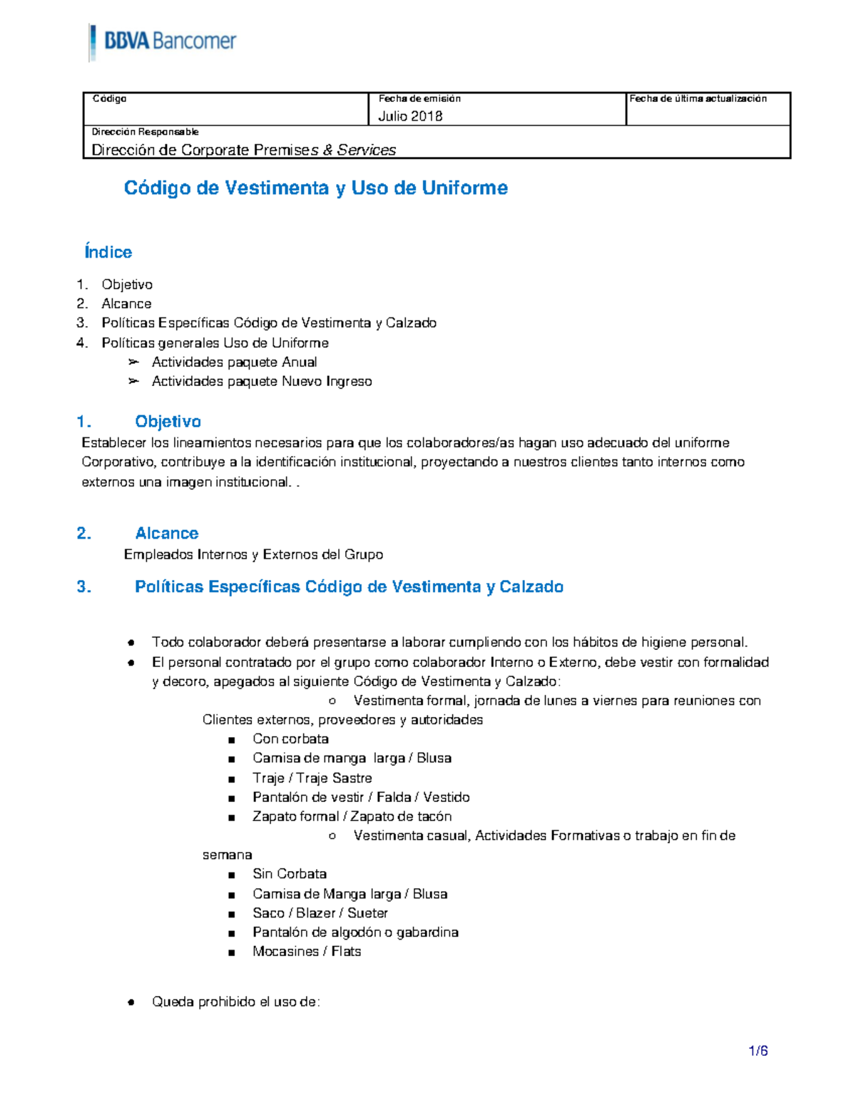 Codigo de Vestimenta y uso de Uniforme - Código Fecha de emisión Julio ...