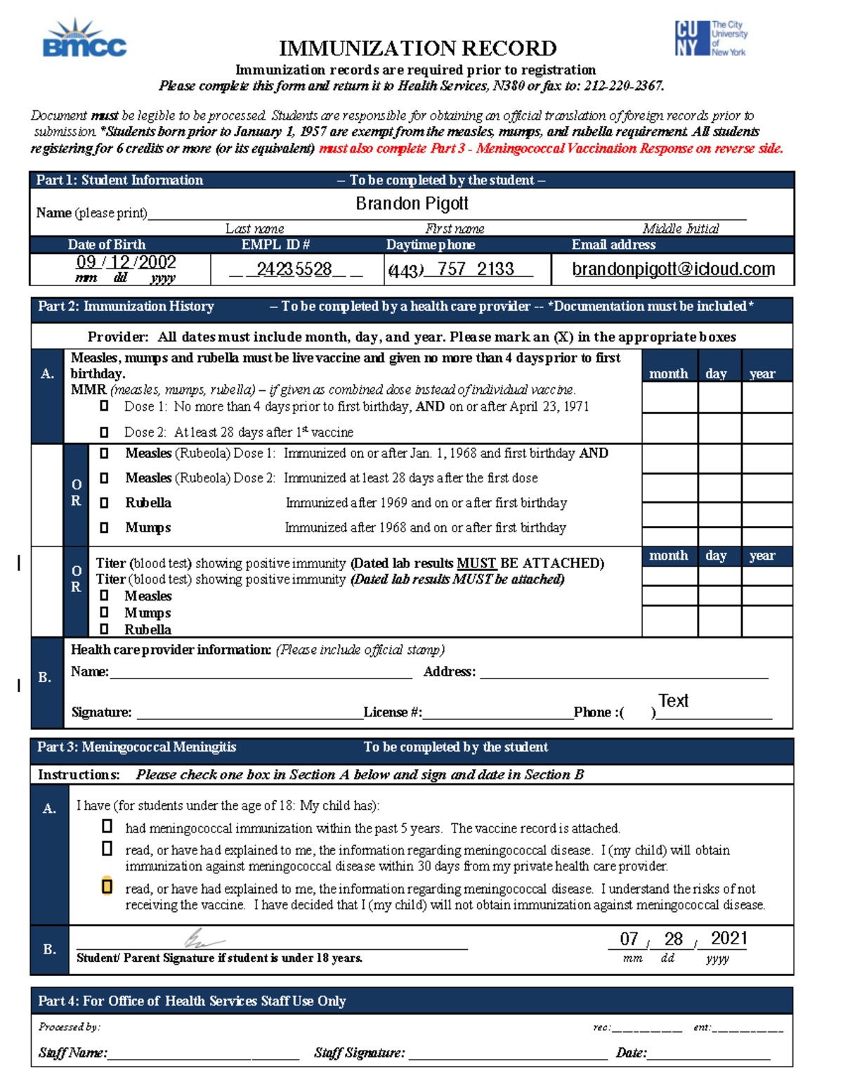 Immunization Form 2021 Brandon P - IMMUNIZATION RECORD Immunization ...