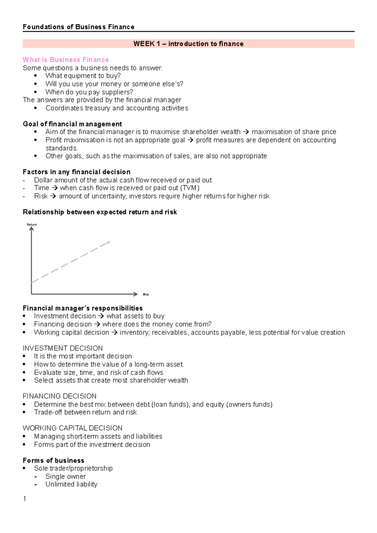 Finance notes - Foundations of Business Finance WEEK 1 – introduction ...