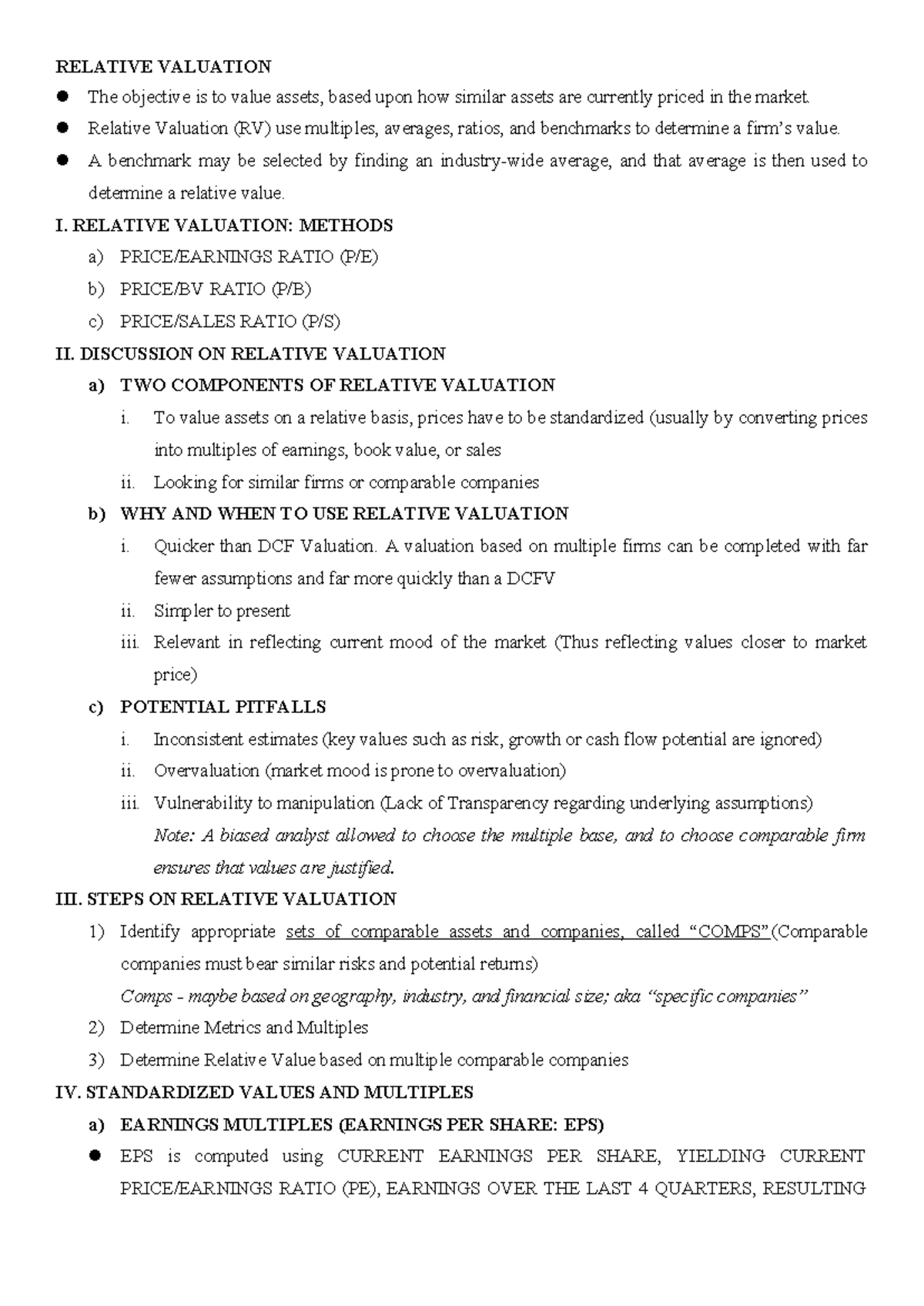 Relative Valuation ( Module) - RELATIVE VALUATION The objective is to value assets, based upon ...