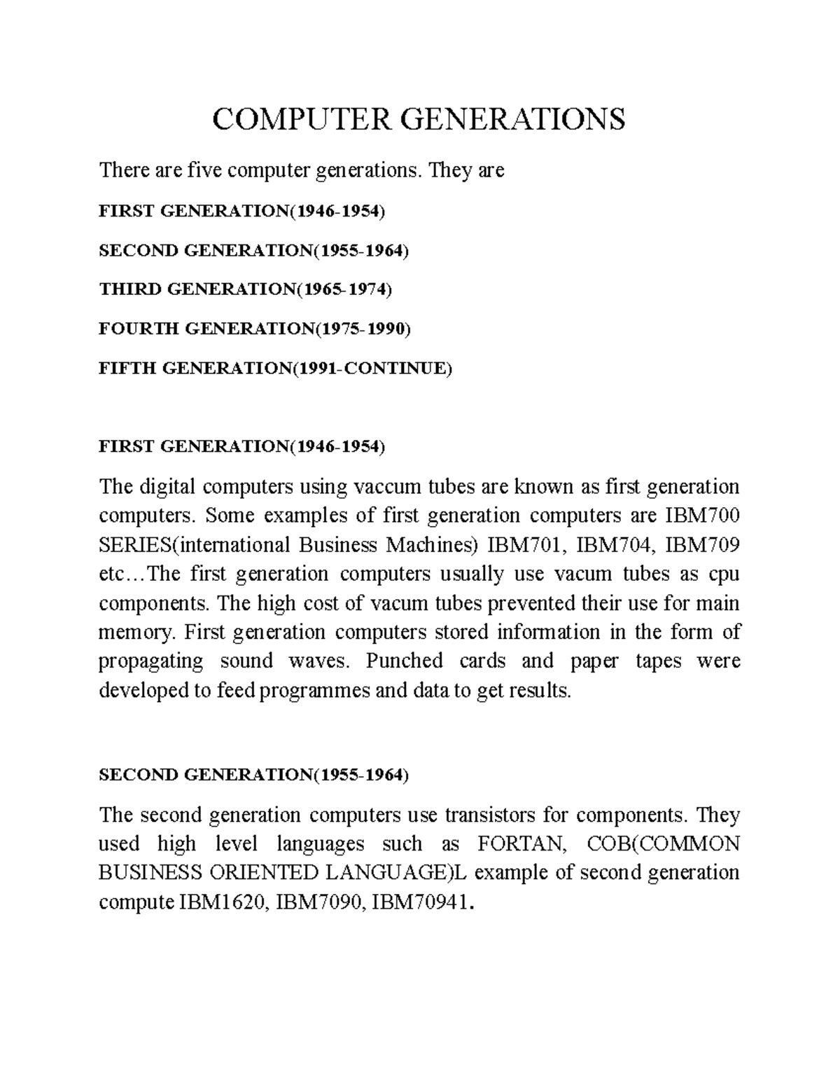 Computer Generations - COMPUTER GENERATIONS There are five computer ...