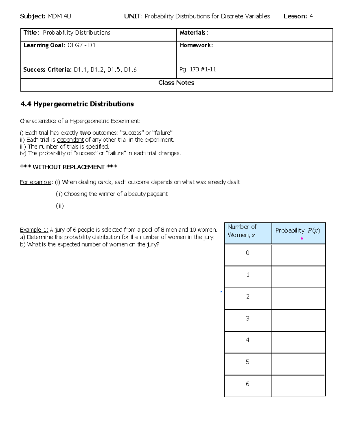 4.4C Hypergeometric Distributions Lesson Completed - Subject: MDM 4U UNIT: Probability ...