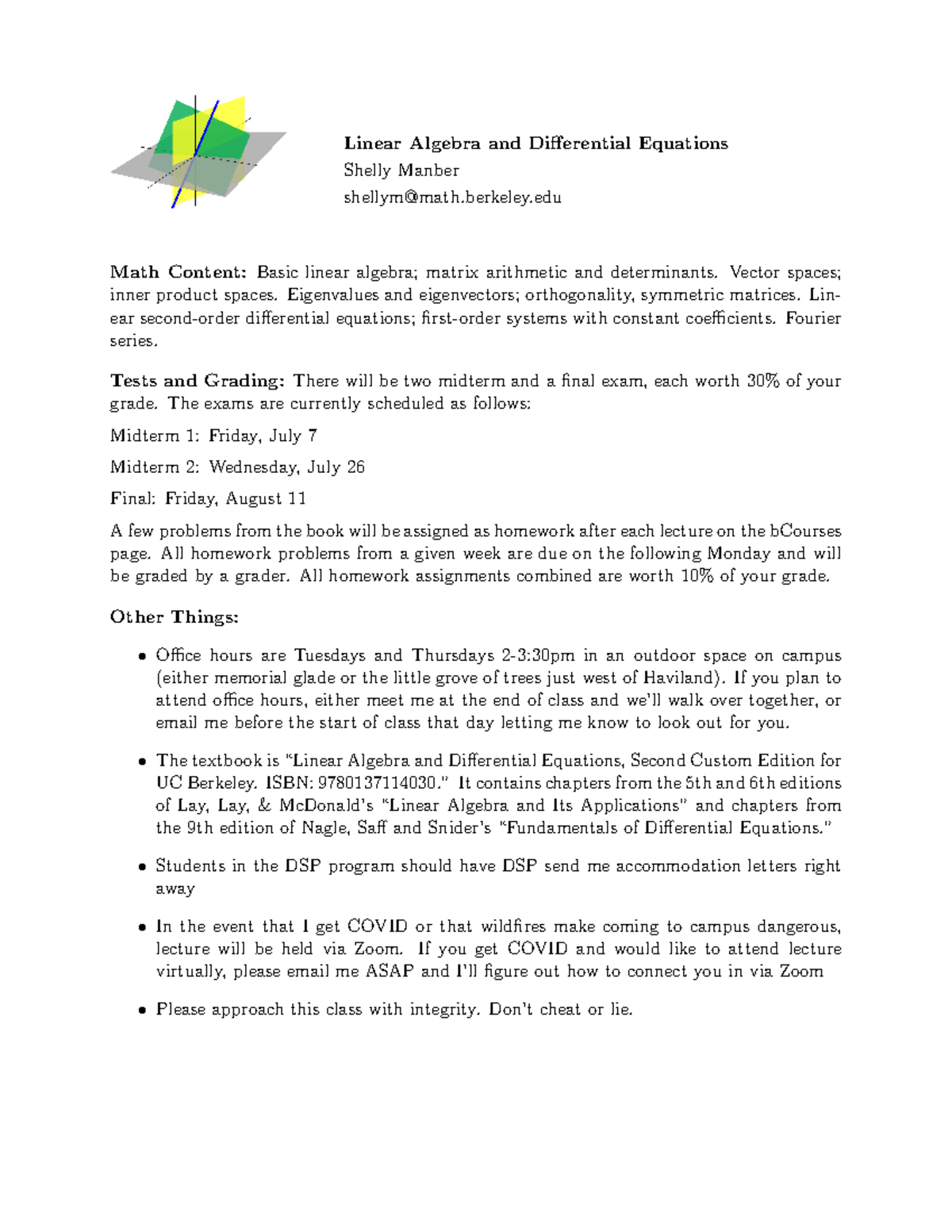 Math 54 Syllabus - Linear Algebra and Differential Equations Shelly ...