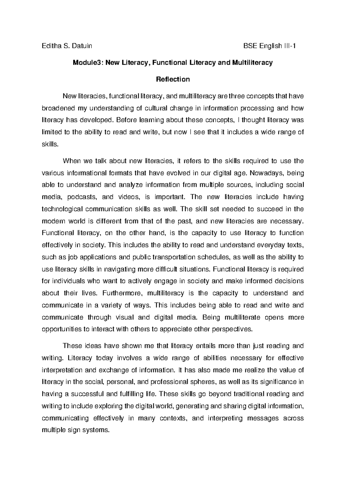 Module 3 Reflection Papers - Editha S. Datuin BSE English III- 1 ...