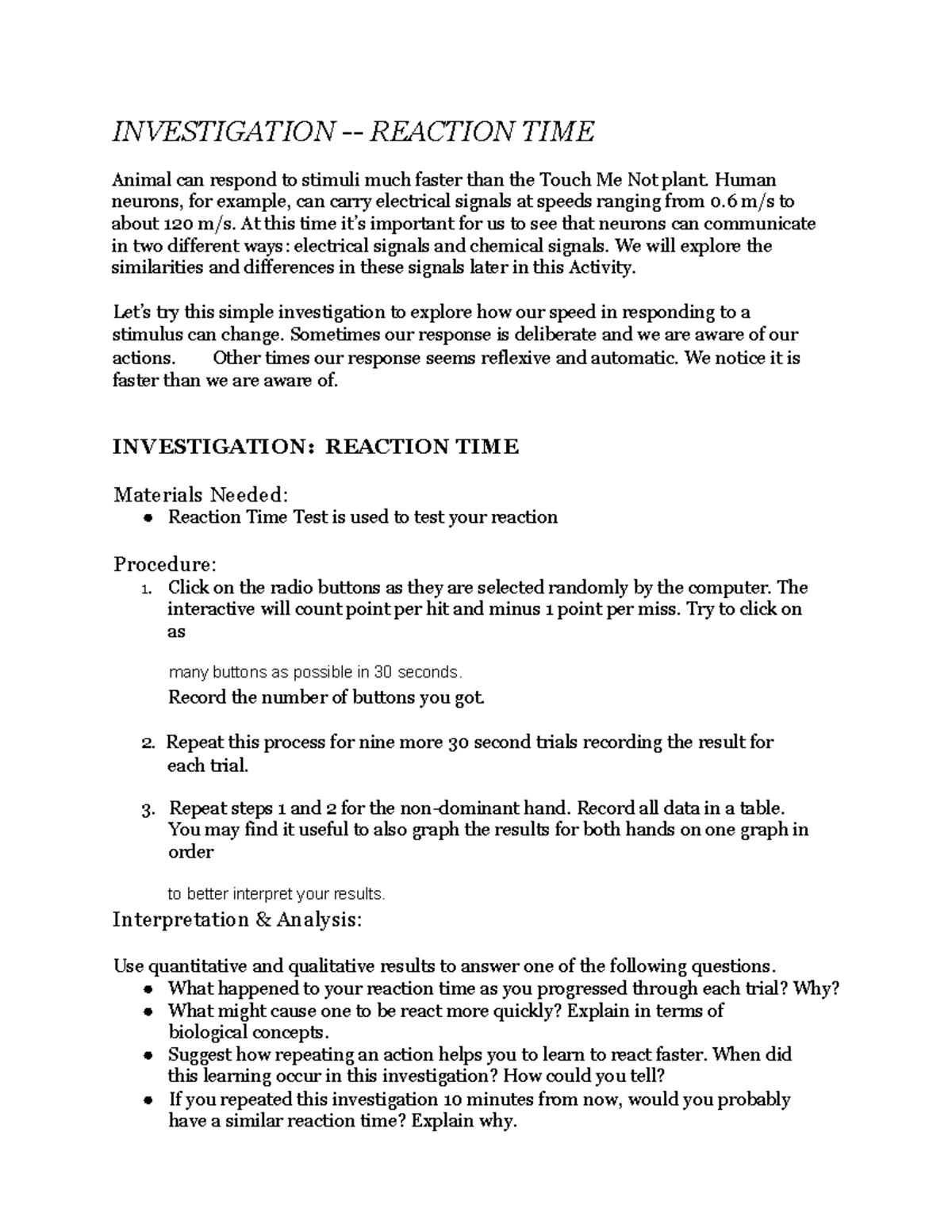 Investigation Reflex Time - INVESTIGATION - REACTION TIME Animal can ...