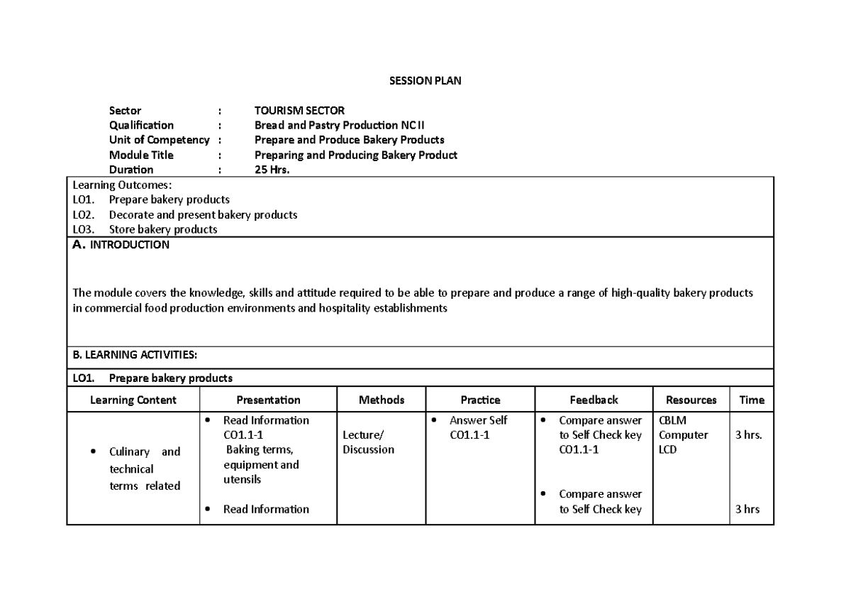 1. session plan bakery products doc - SESSION PLAN Sector : TOURISM ...