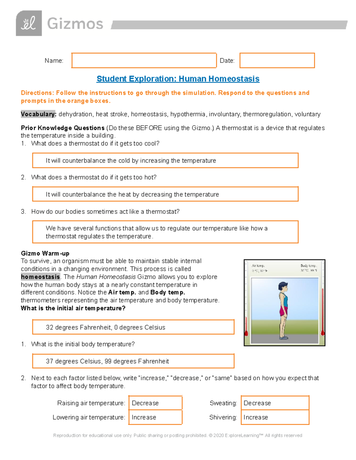 Copy of 1.2 Homeostasis Lab - Name: Date: Student Exploration: Human ...