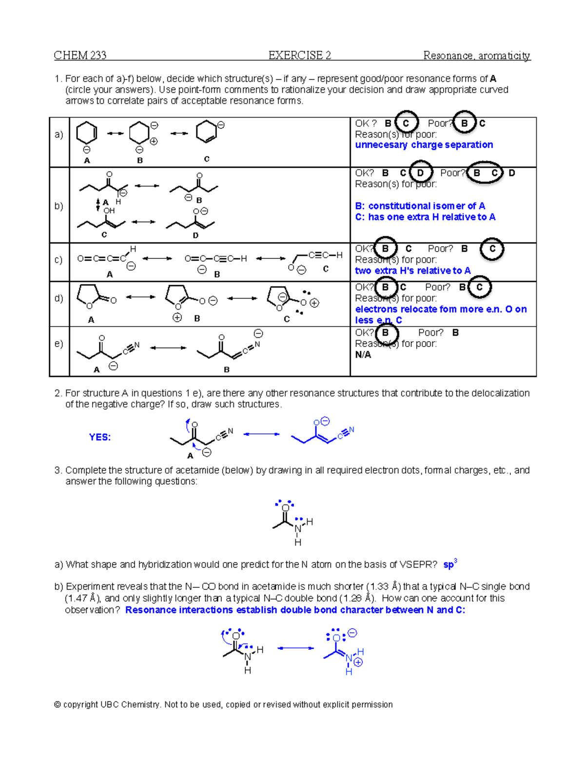 02-EX2-Resonance aromaticity ans-1 - CHEM 233 EXERCISE 2 Resonance ...
