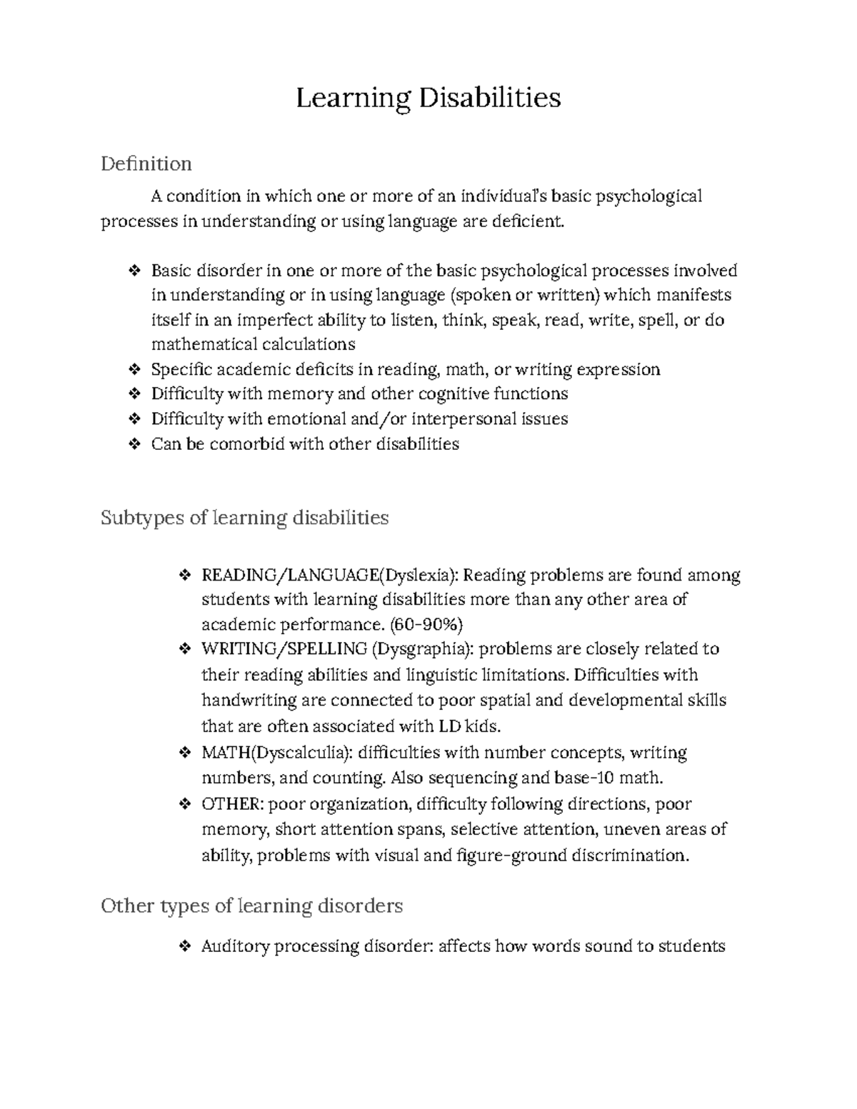Learning Disabilities Summary Page - Learning Disabilities Definition A ...