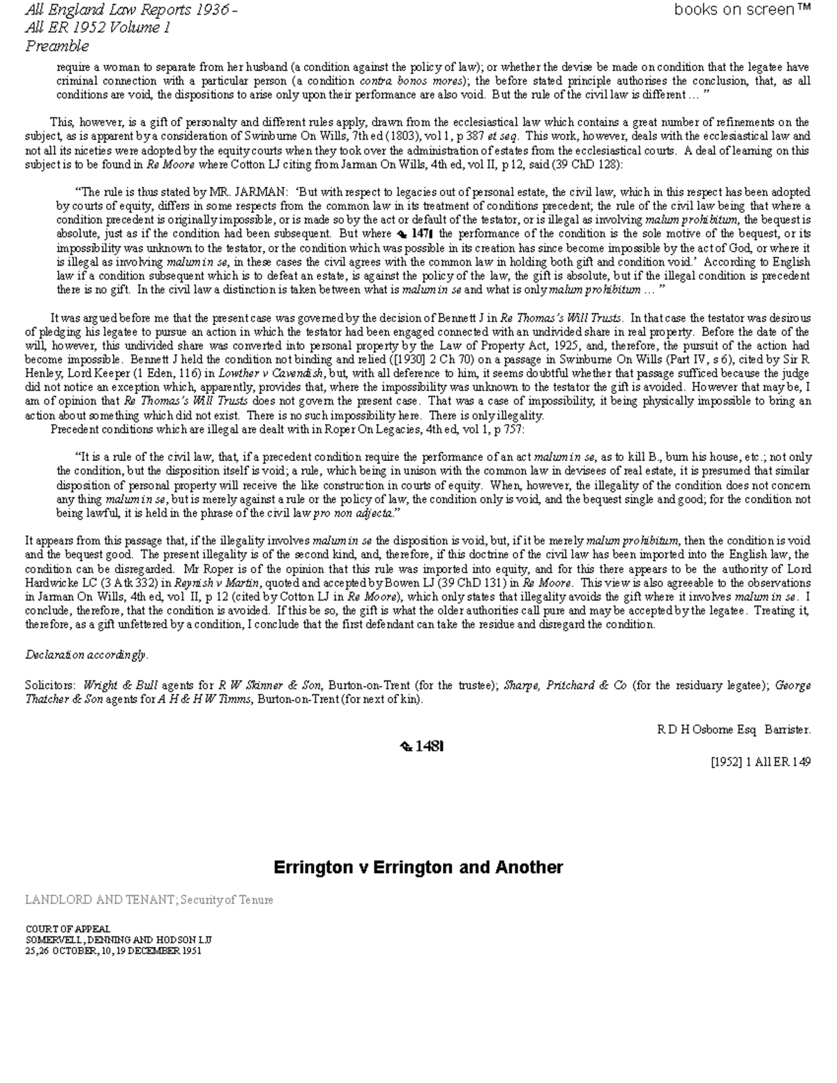 Errington vs. Errington [1952] 1 All ER 149 - All ER 1952 Volume 1 ...