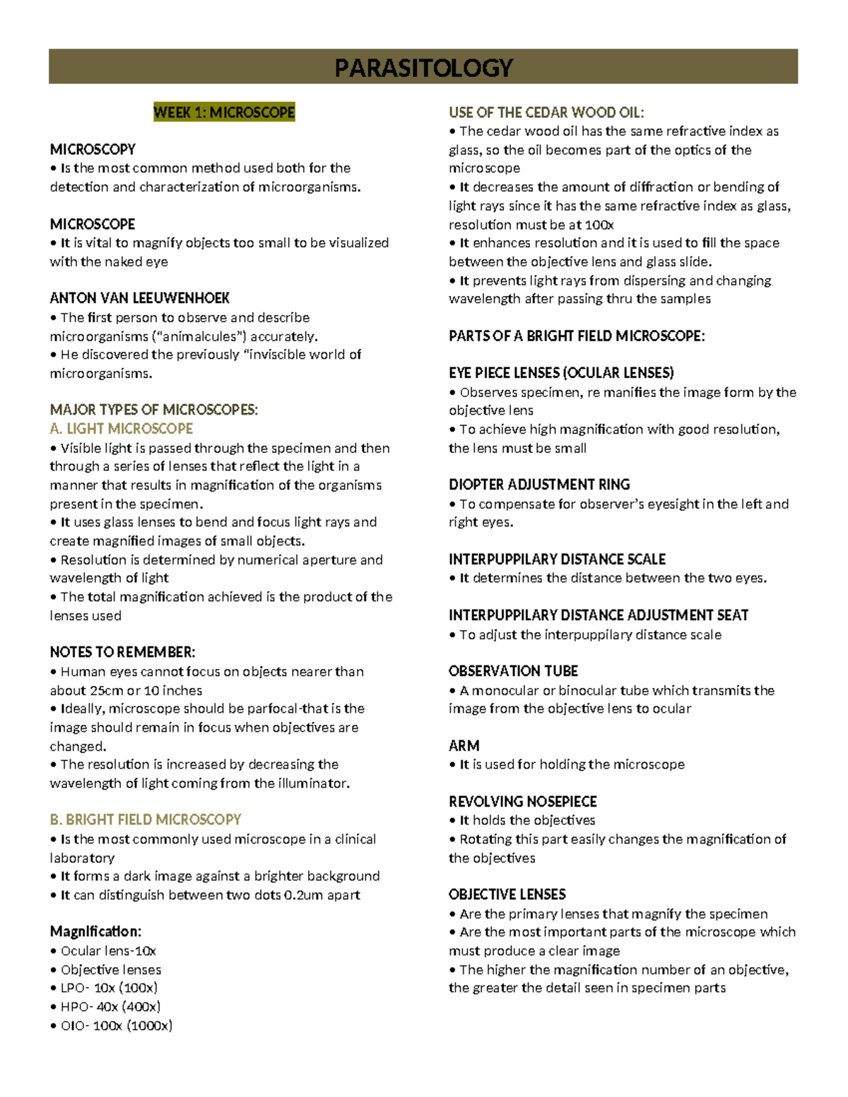 PARA LAB - LECTURE - WEEK 1: MICROSCOPE MICROSCOPY Is the most common ...