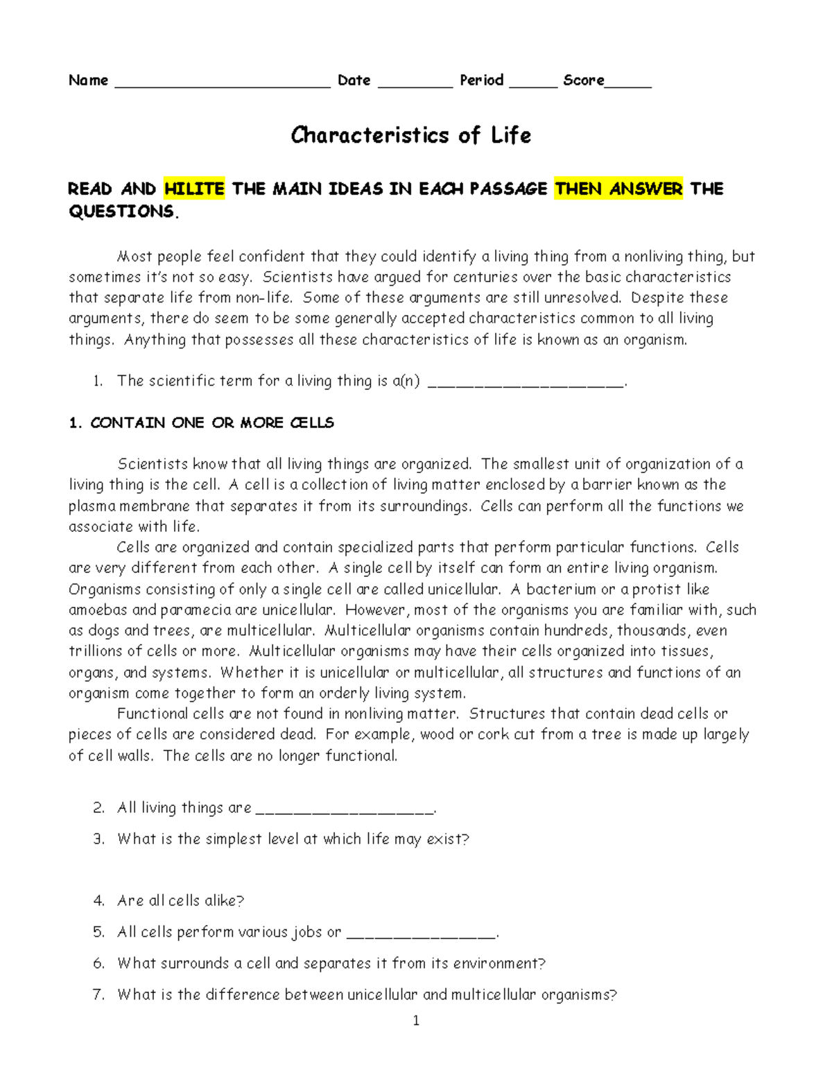 Characteristics of life- Pogil - Name _______________________ Date ________ Period _____ Score ...