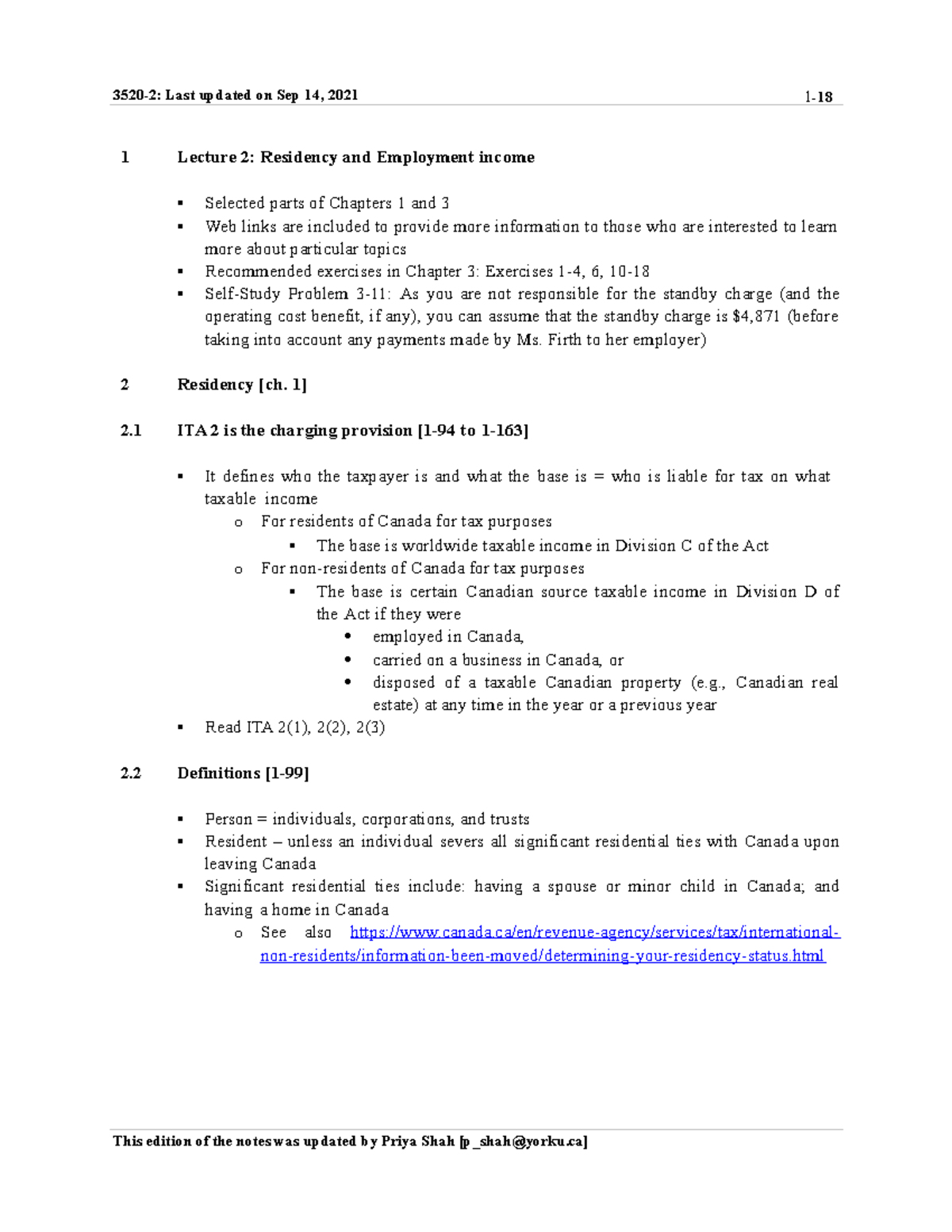 adms 3520 week 2 lecture notes - 1 Lecture 2: Residency and Employment ...