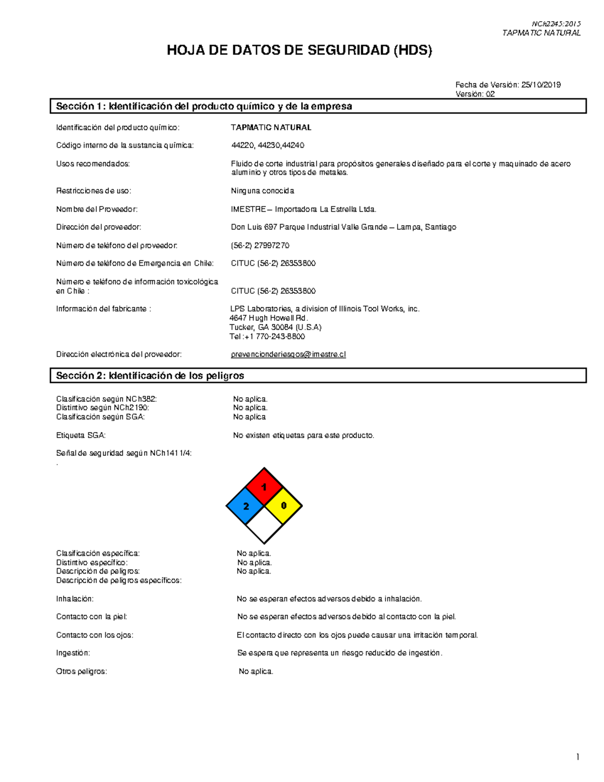 MSDS LPS Tapmatic Natural - TAPMATIC NATURAL HOJA DE DATOS DE SEGURIDAD ...