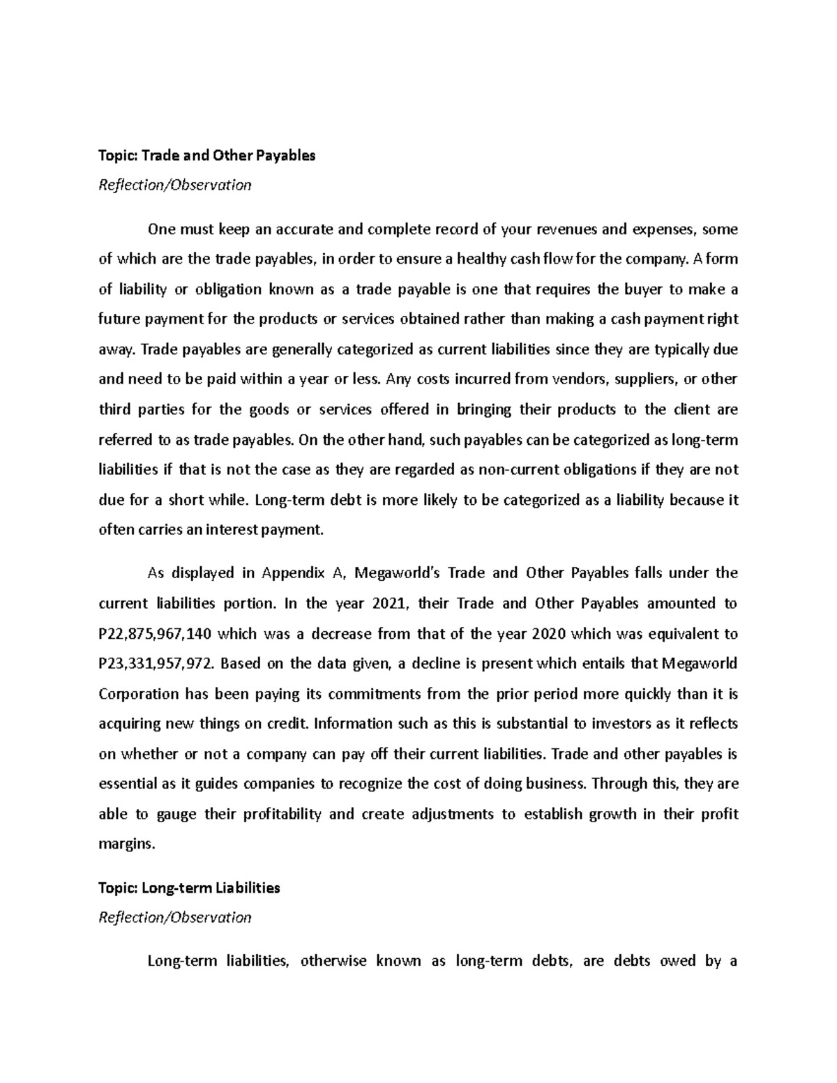 Acccob 2 Reflection Paper - Topic: Trade and Other Payables Reflection ...