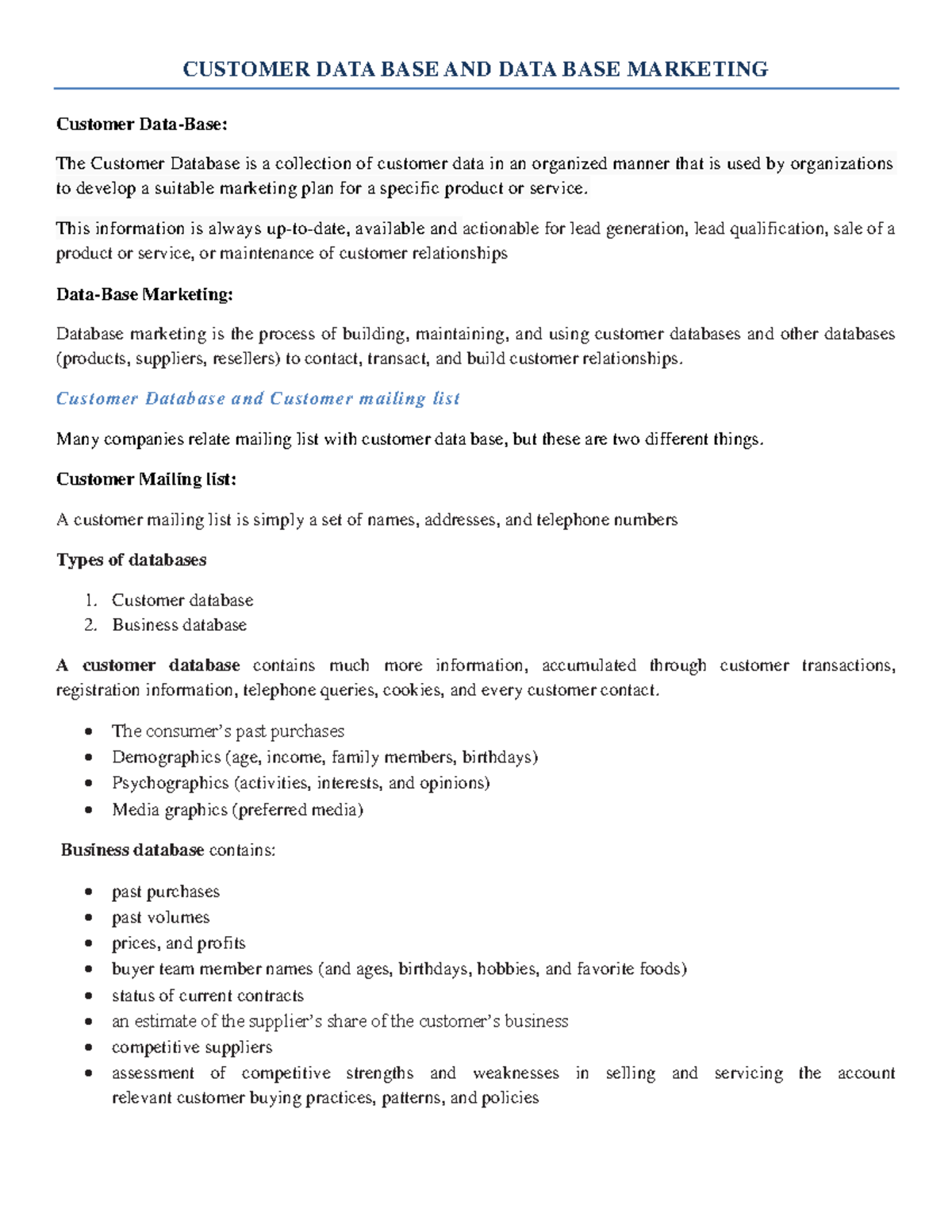 Data Base Marketing - CUSTOMER DATA BASE AND DATA BASE MARKETING ...