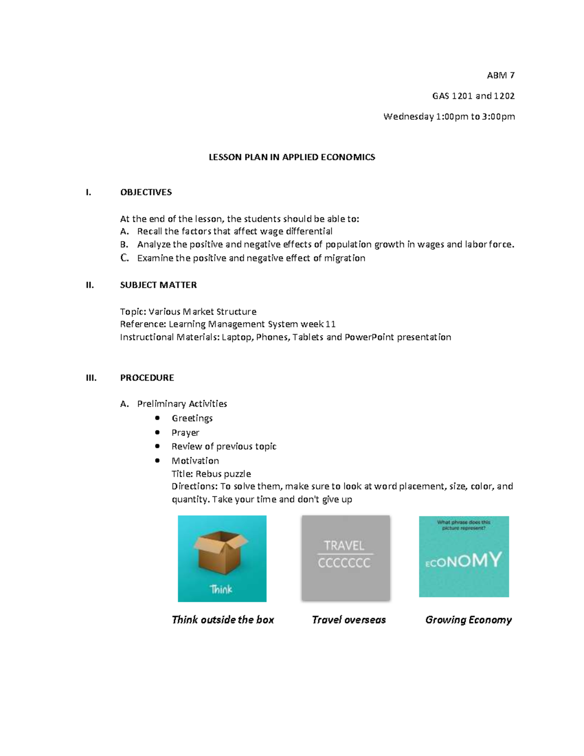 Lesson PLAN IN Apllied Economics week 11 - ABM 7 GAS 1201 and 1202 ...