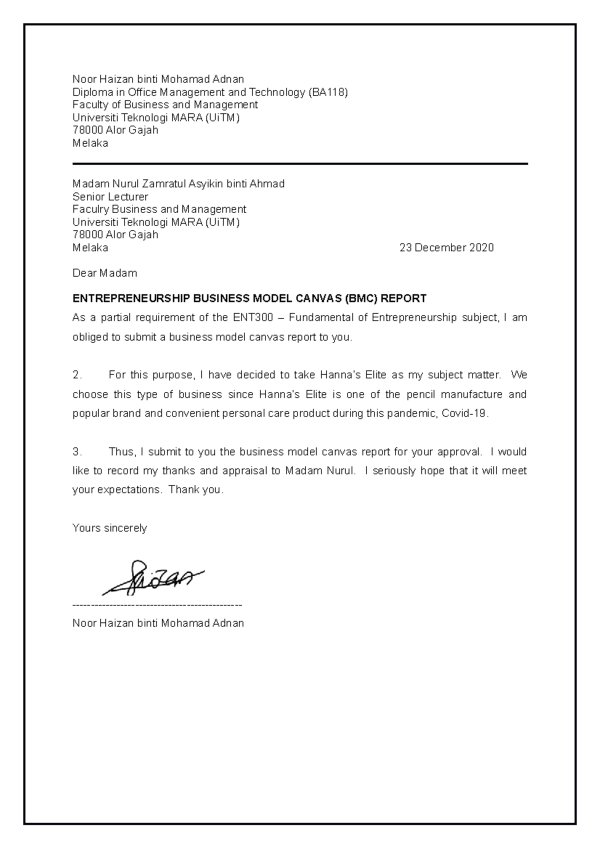 BMC Report ENT300 - Noor Haizan binti Mohamad Adnan Diploma in Office ...