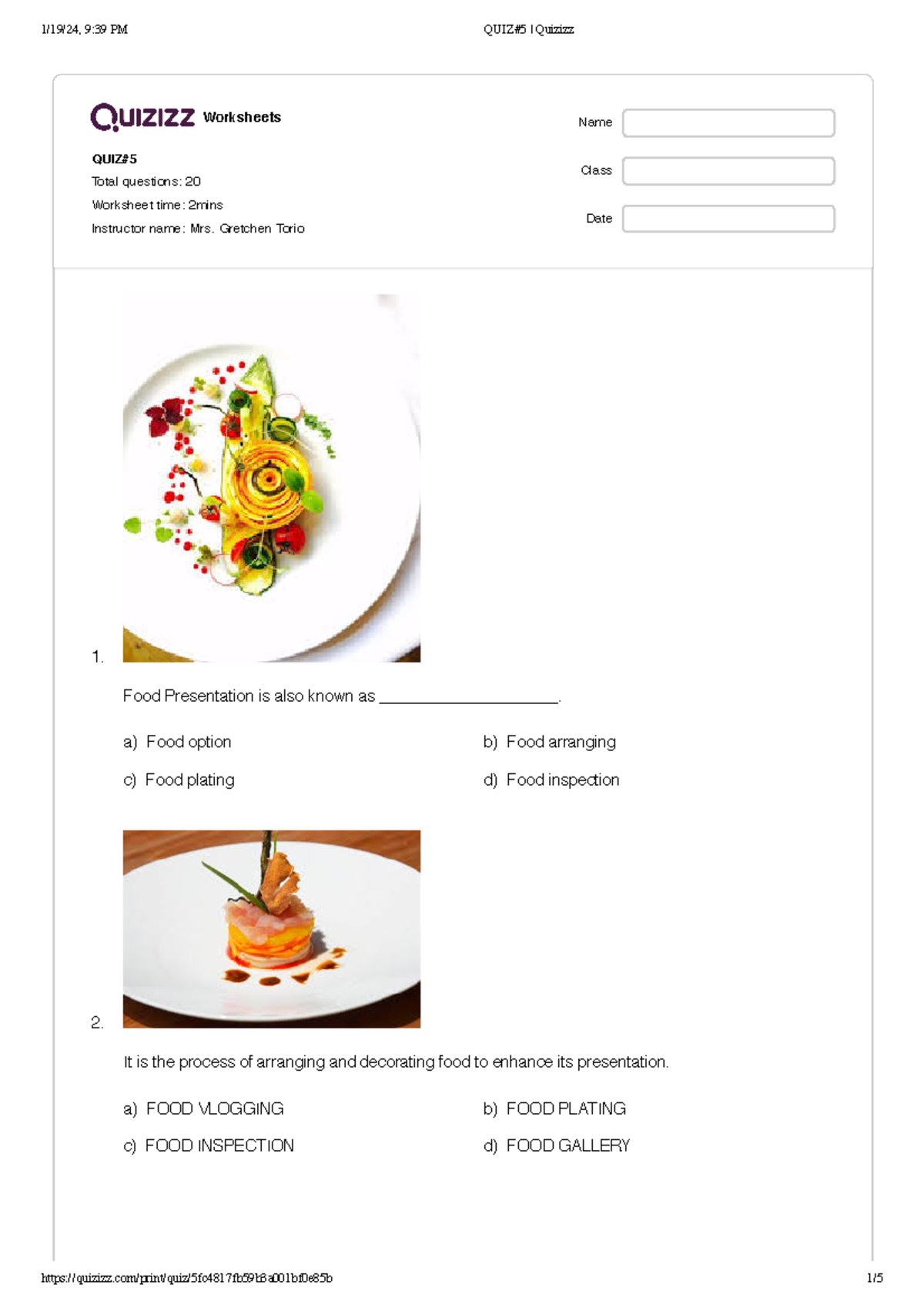 Plating 9 QUIZ#5 Quizizz - Worksheets QUIZ# Total questions: 20 ...