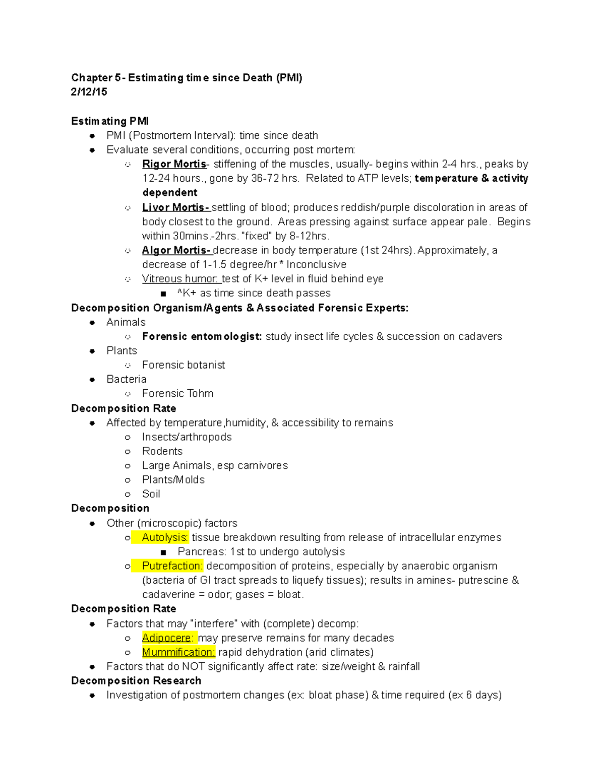 Forensic Anthropology- Chapter 5 Notes Estimating time since Death (PMI ...