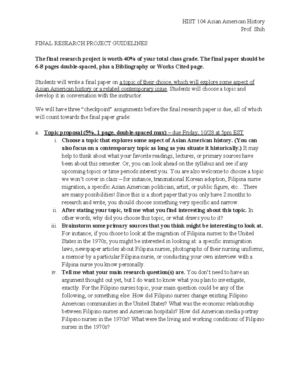 Final research project instructions - updated - HIST 104 Asian American ...