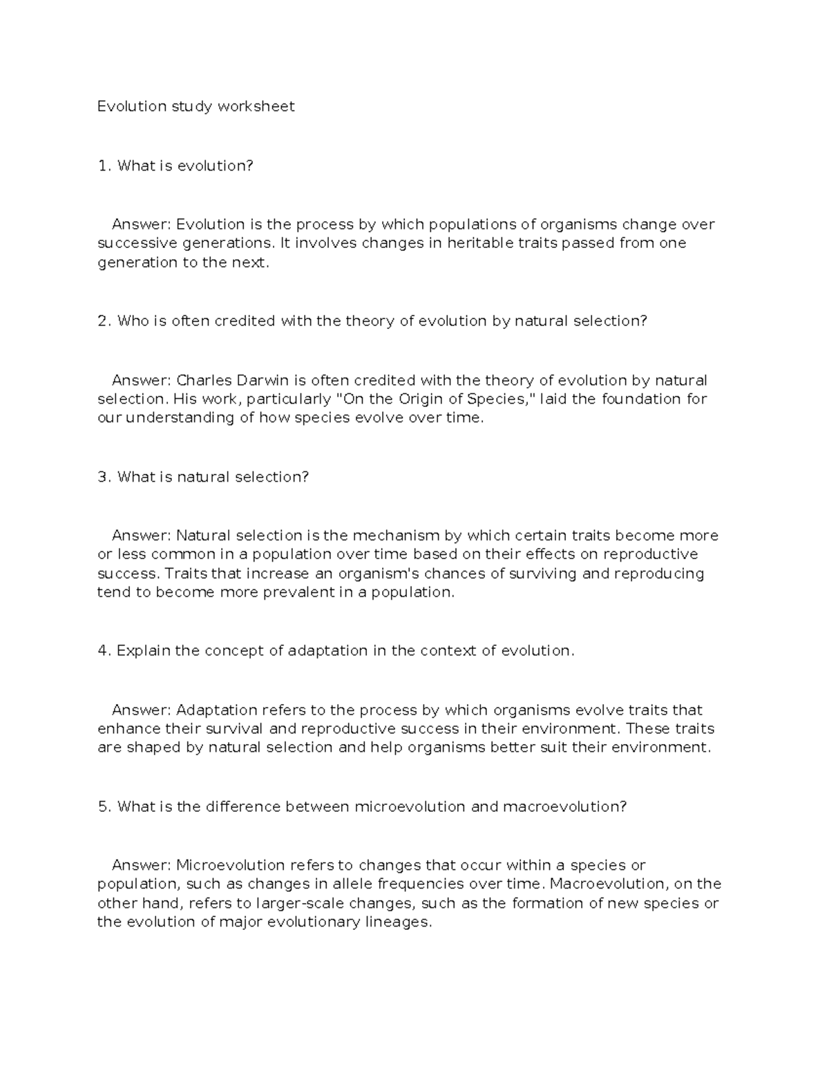 Evolution worksheet 3 - Evolution study worksheet What is evolution ...
