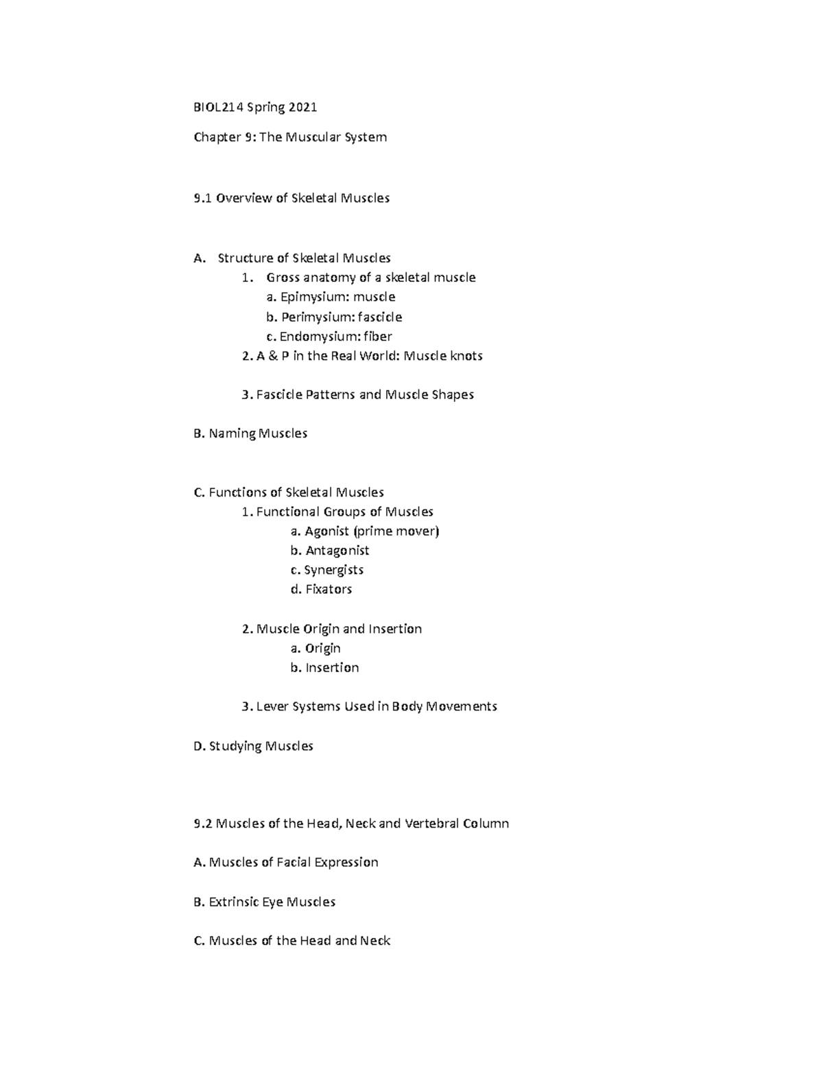 Chapter 9 Notes The Muscular System - BIOL214 Spring 2021 Chapter 9 ...