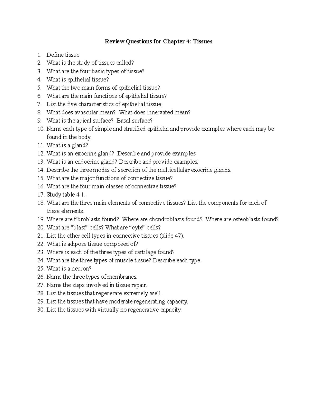 Chapter 4 Tissues Review Questions - Review Questions for Chapter 4 ...