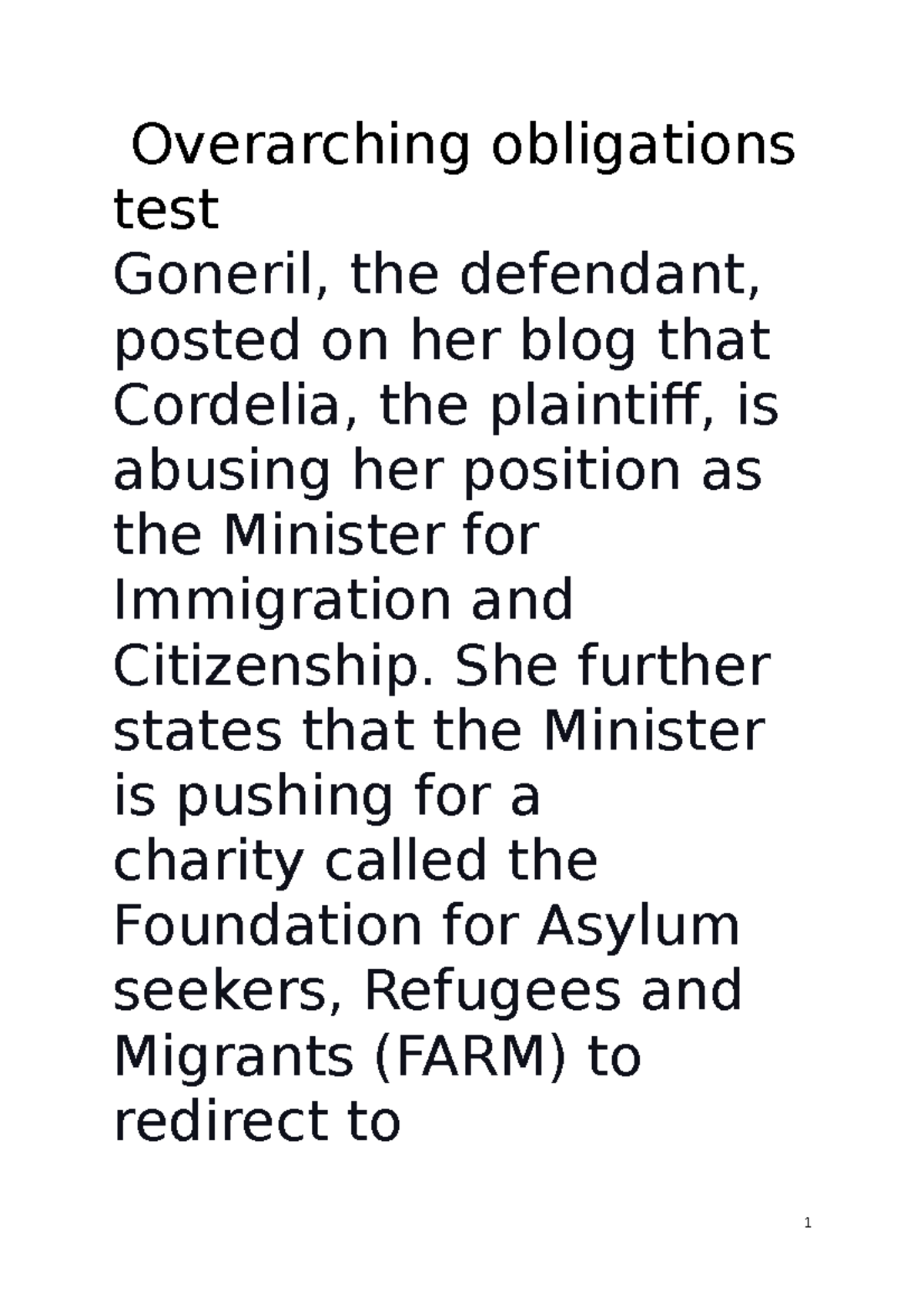 Assignment 2A Studoc - Overarching obligations test Goneril, the ...