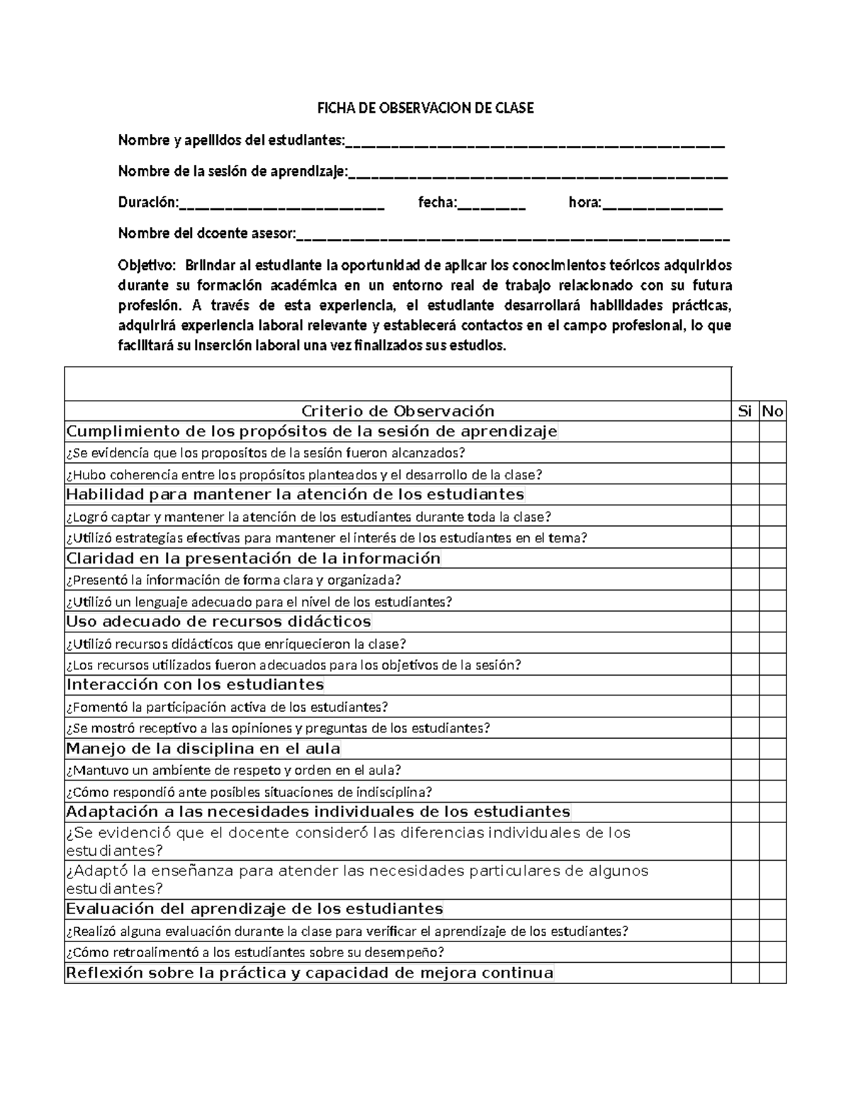 Ficha DE Observacion DE Clase (1) (1) - FICHA DE OBSERVACION DE CLASE Nombre y apellidos del ...