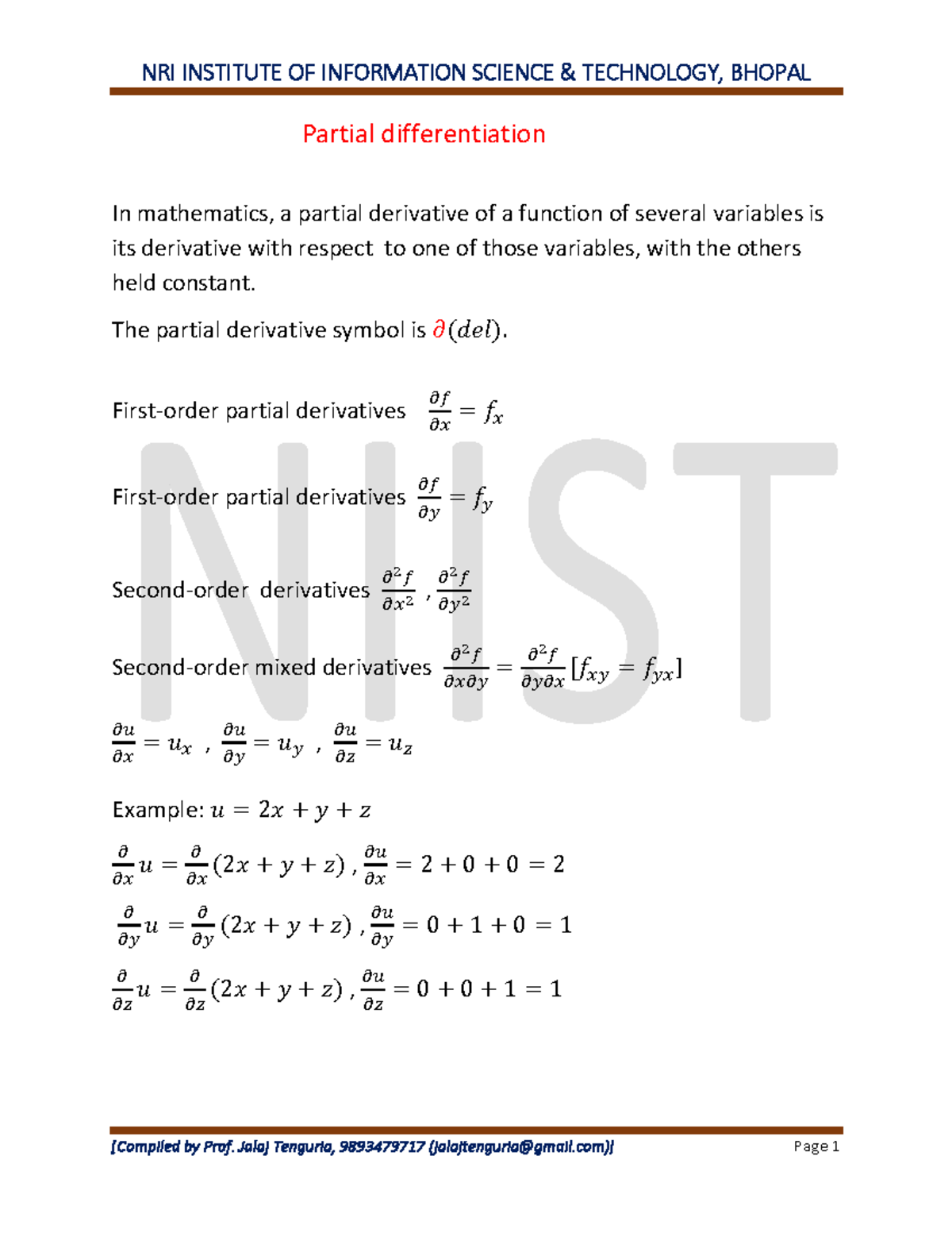 Partial derivatives - lecture notes - Partial differentiation In ...