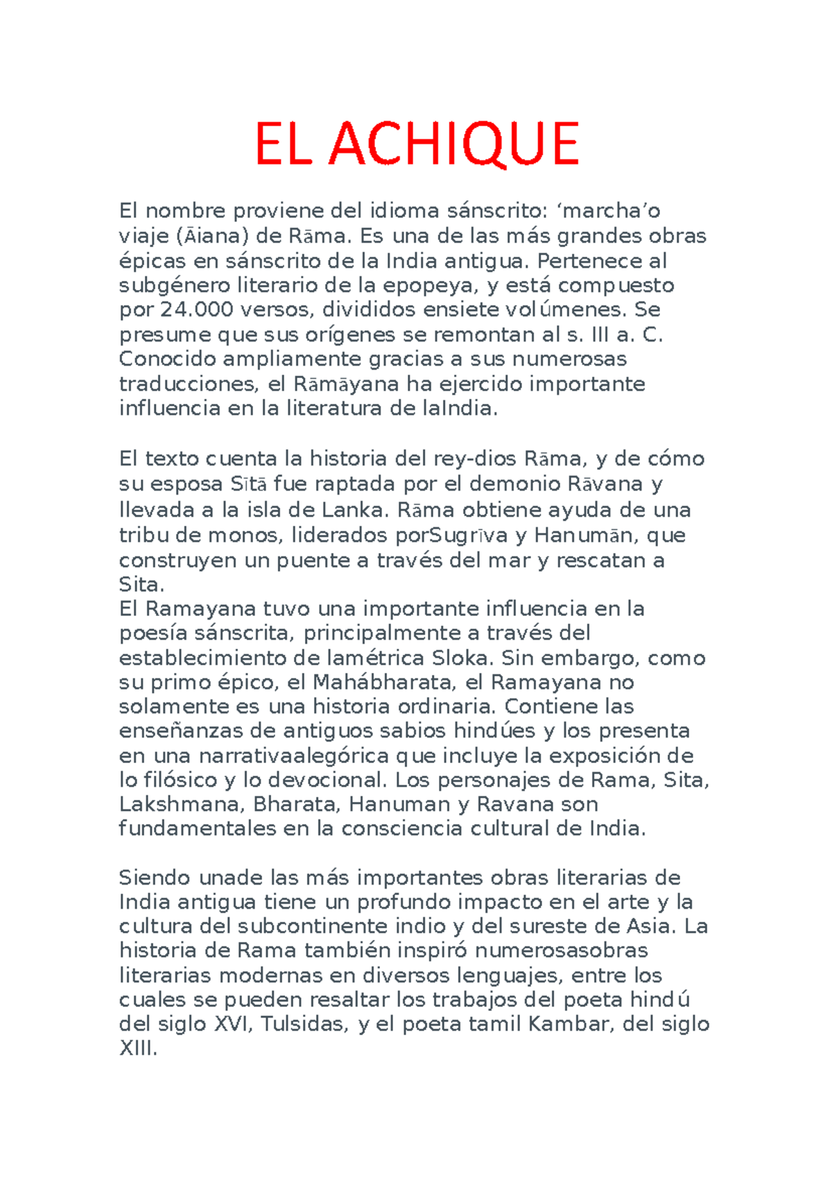 EL Achique - njni - EL ACHIQUE El nombre proviene del idioma sánscrito ...