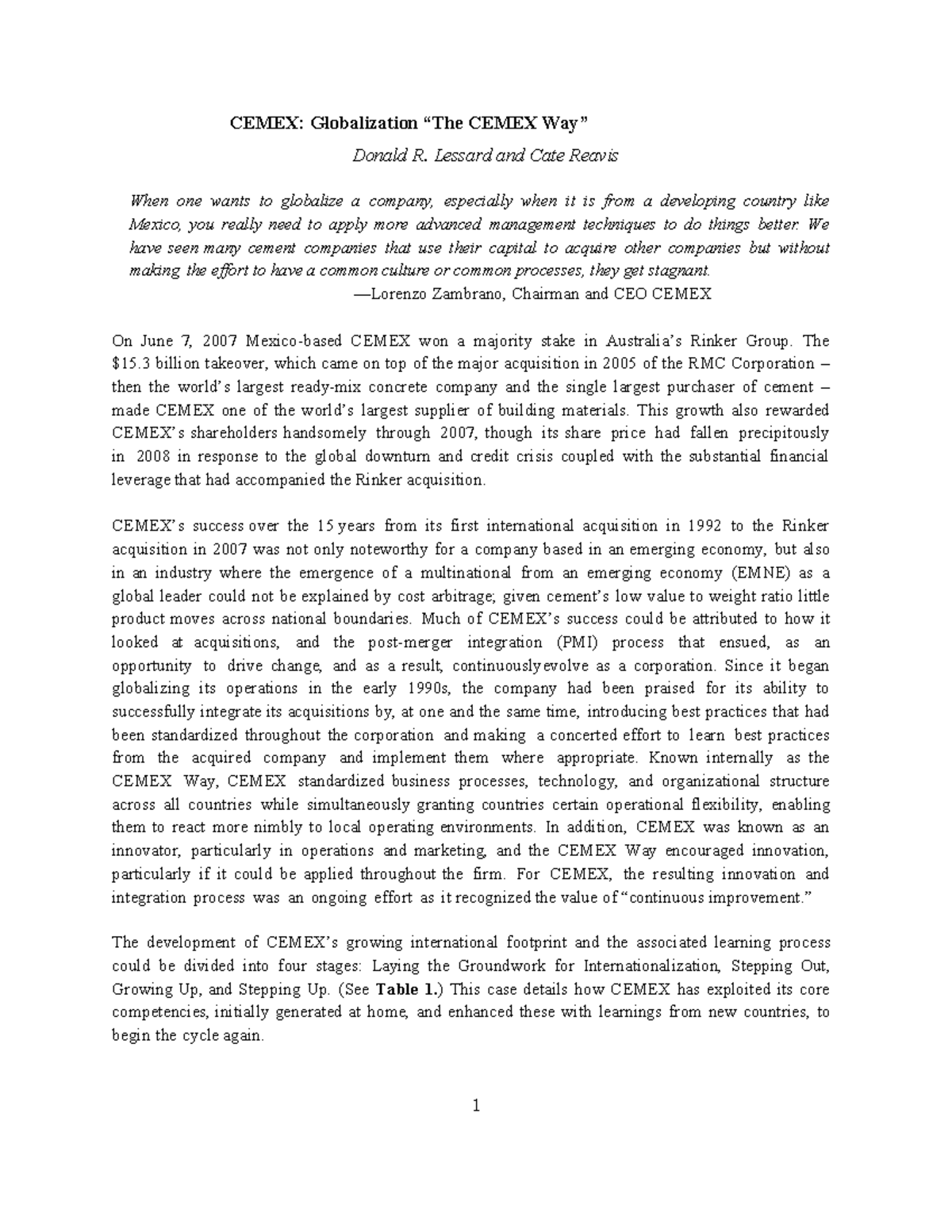 Case Assignment 2 Cemex.ICDec 2022 - 1 CEMEX: Globalization “The CEMEX ...