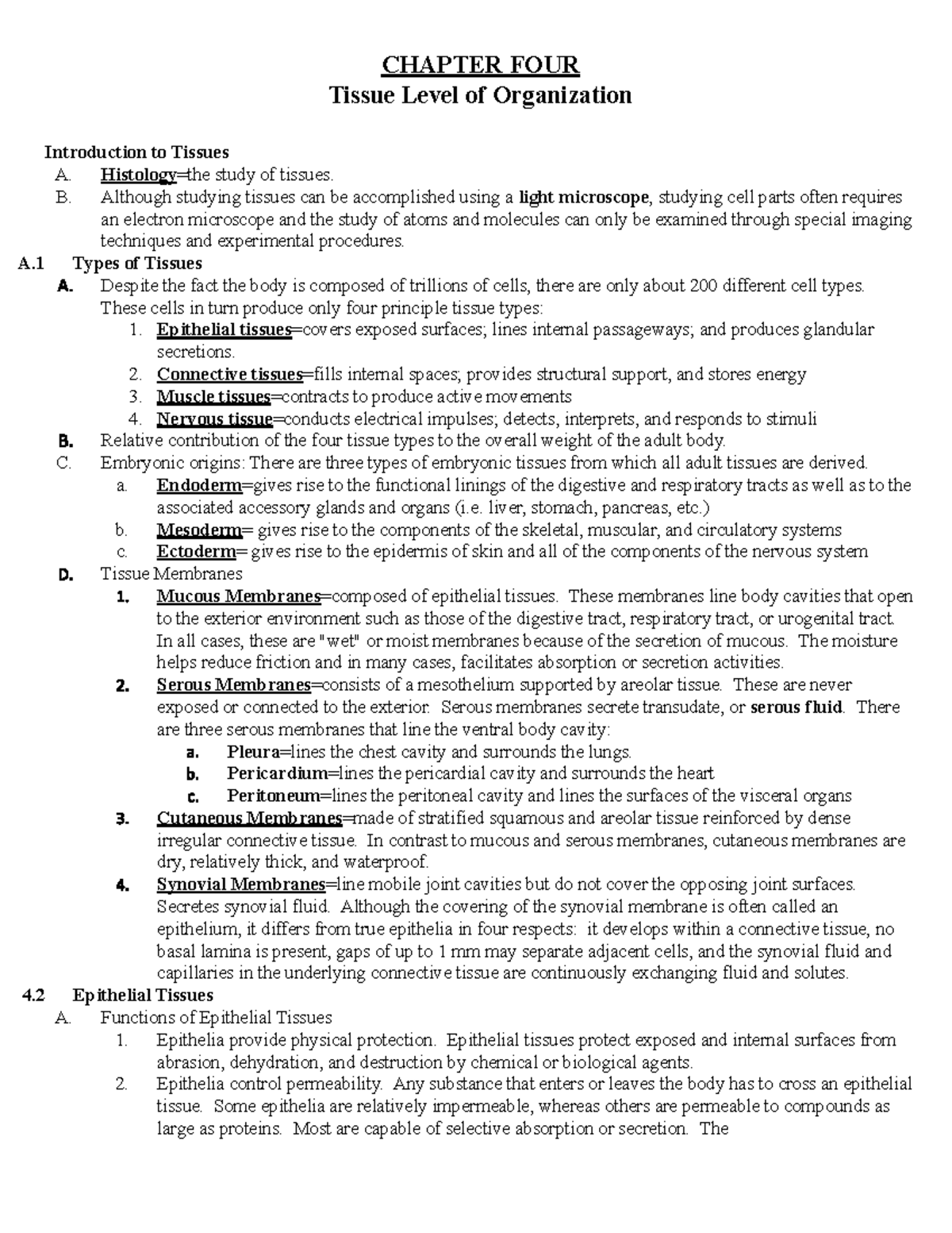 Bio Ch 4 notes-2 - notes on tissues - CHAPTER FOUR Tissue Level of ...