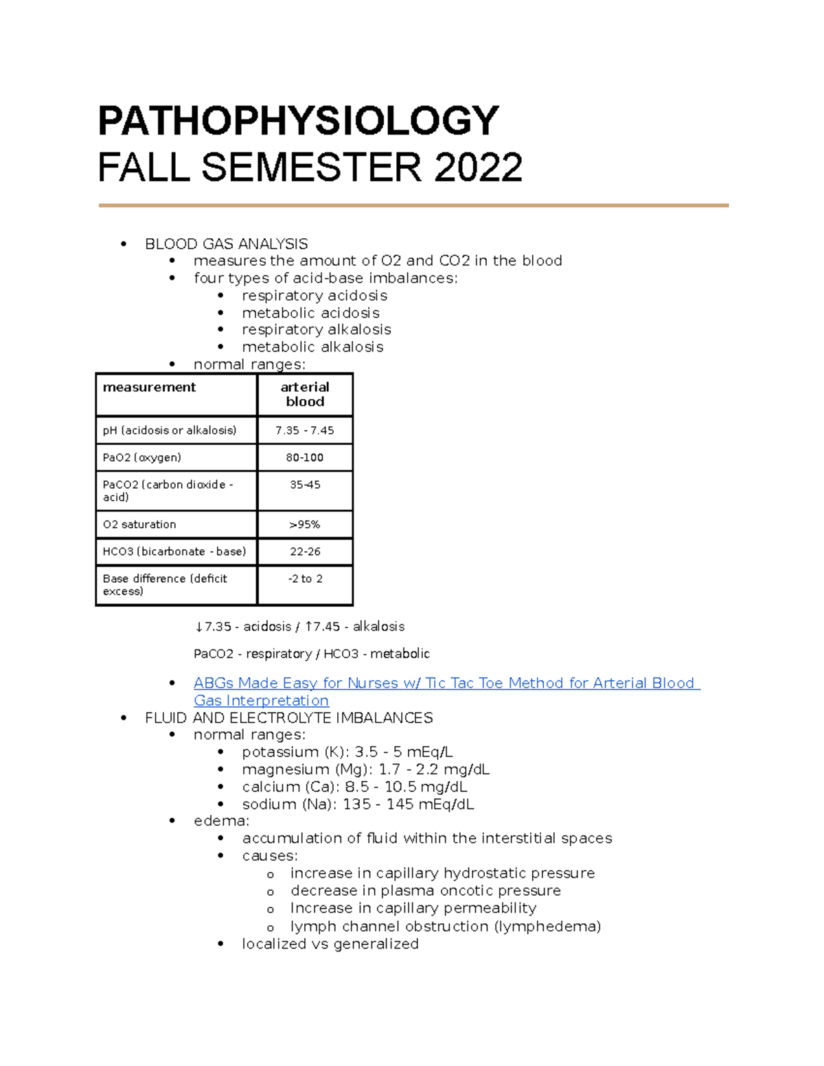 RN Pathophysiology ABGs - PATHOPHYSIOLOGY FALL SEMESTER 2022 BLOOD GAS ...