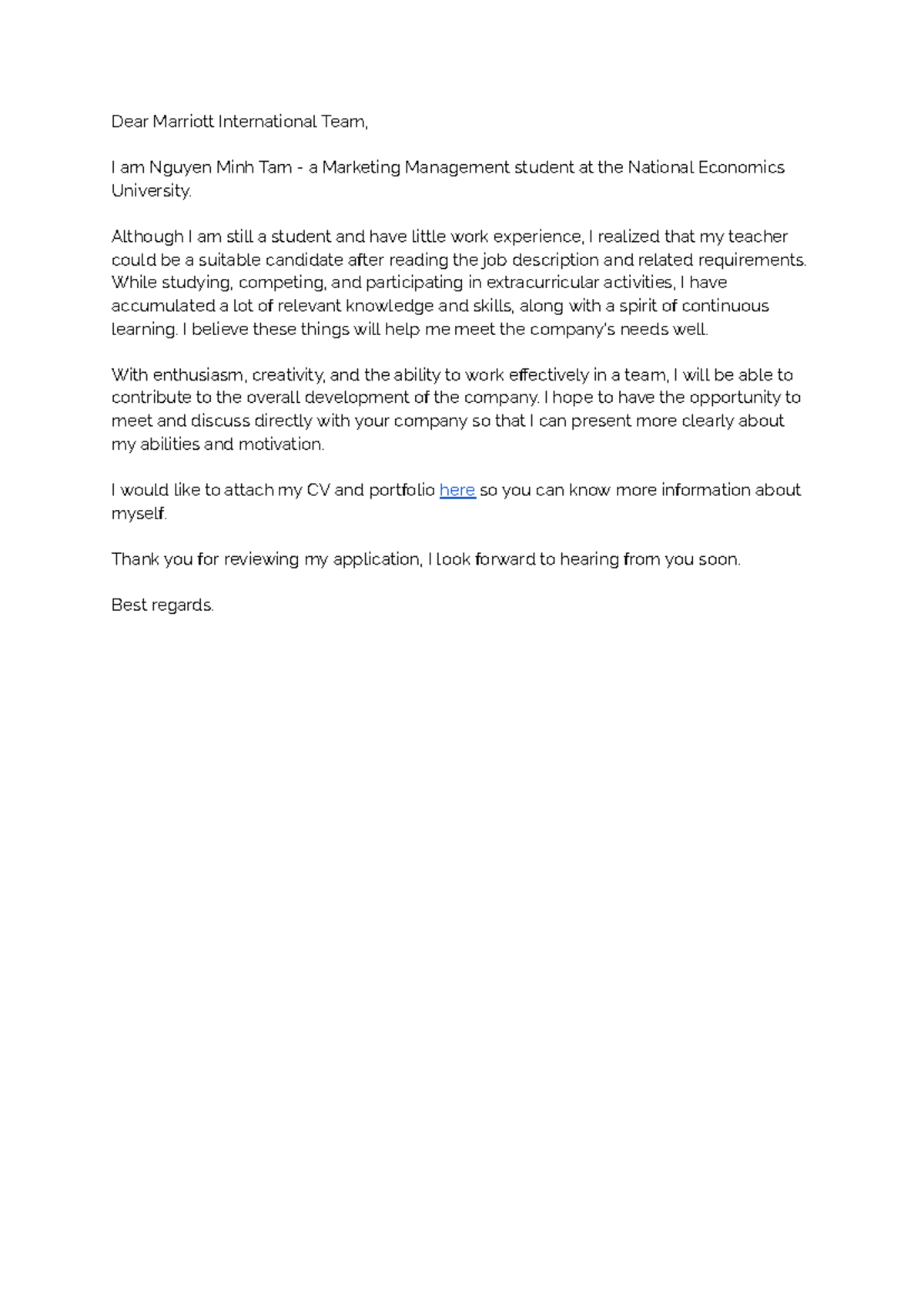 Cover Letter Nguyen Minh Tam - Dear Marriott International Team, I am ...