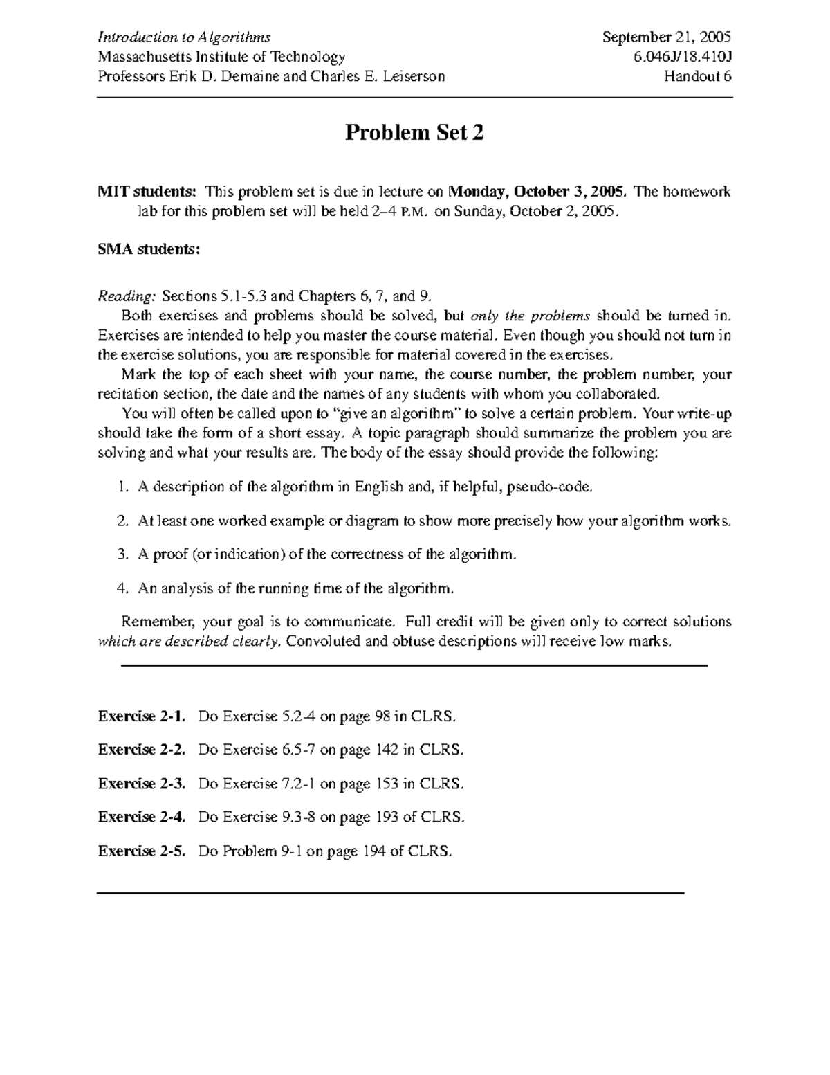 Ps2 - Problem Set 2 problems - Introduction to Algorithms September 21 ...