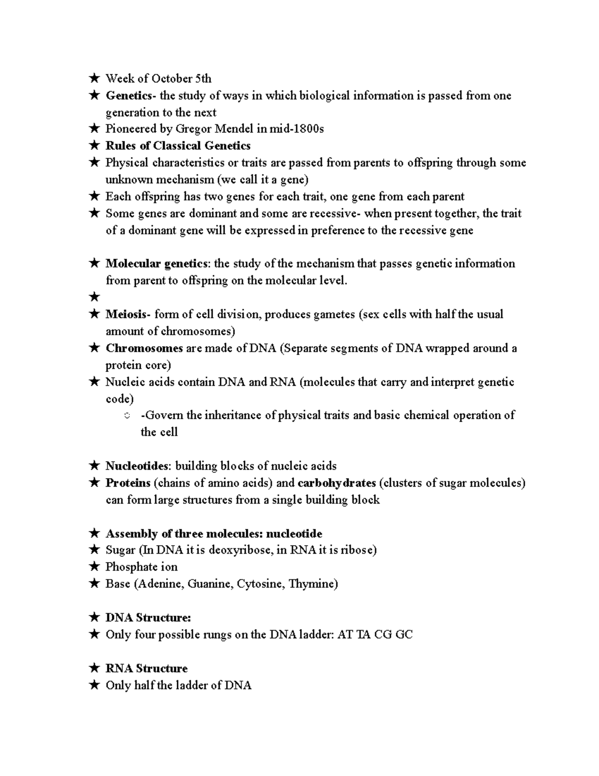 SWOB UNIT 2 Notes - ★Week of October 5th ★ Genetics - the study of ways ...