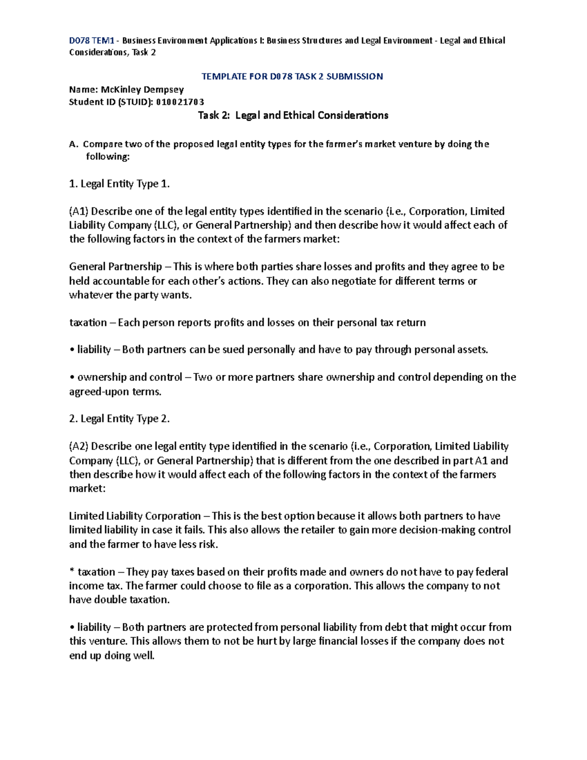 D078 Task 2 - Task 2 - D078 TEM1 - Business Environment Applications I ...