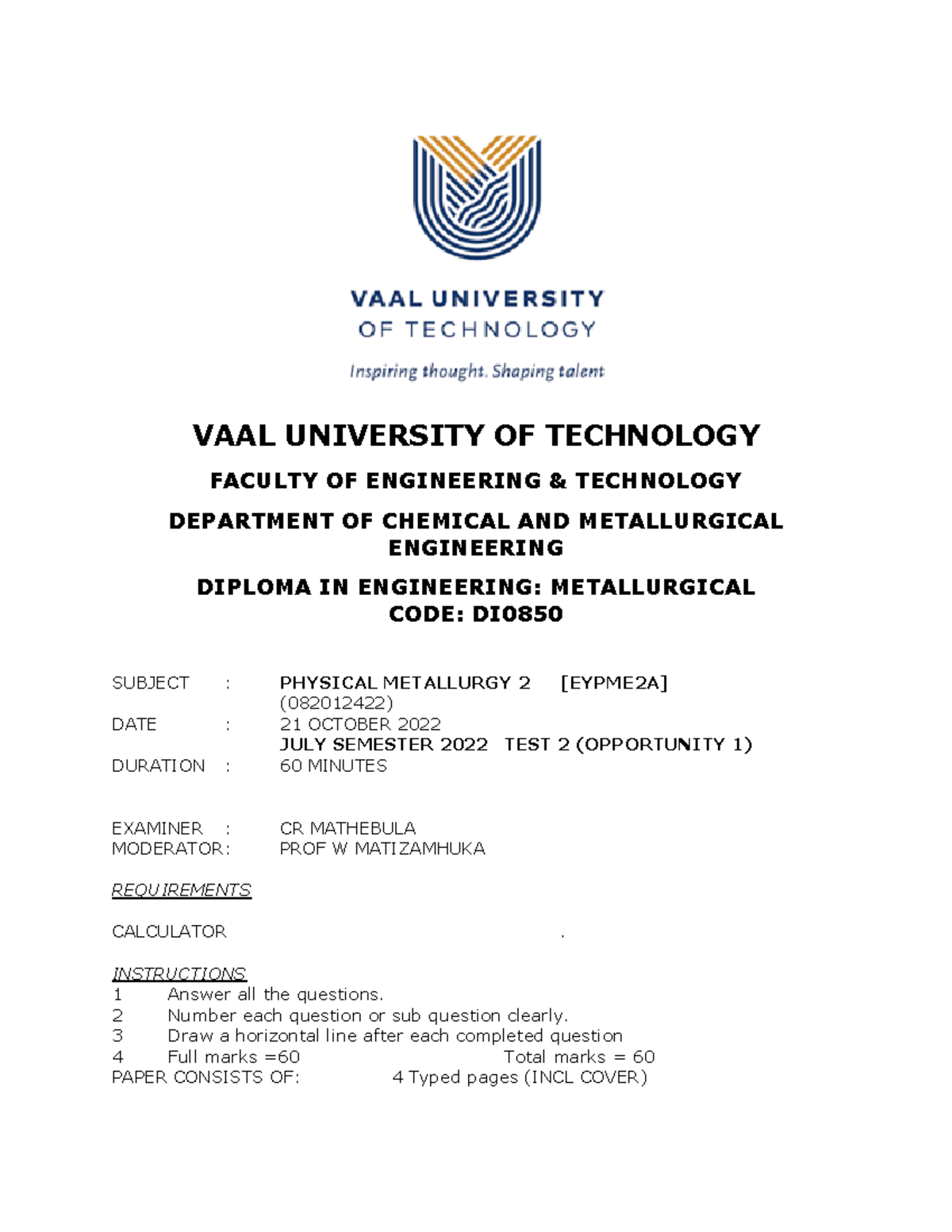 EYPME 2 A 2022 T2OPP 1 - past paper - VAAL UNIVERSITY OF TECHNOLOGY ...