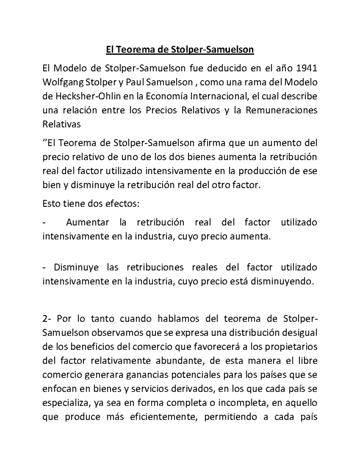 El Teorema de Stolper Samuelson, para el libre comercio - El Teorema de ...