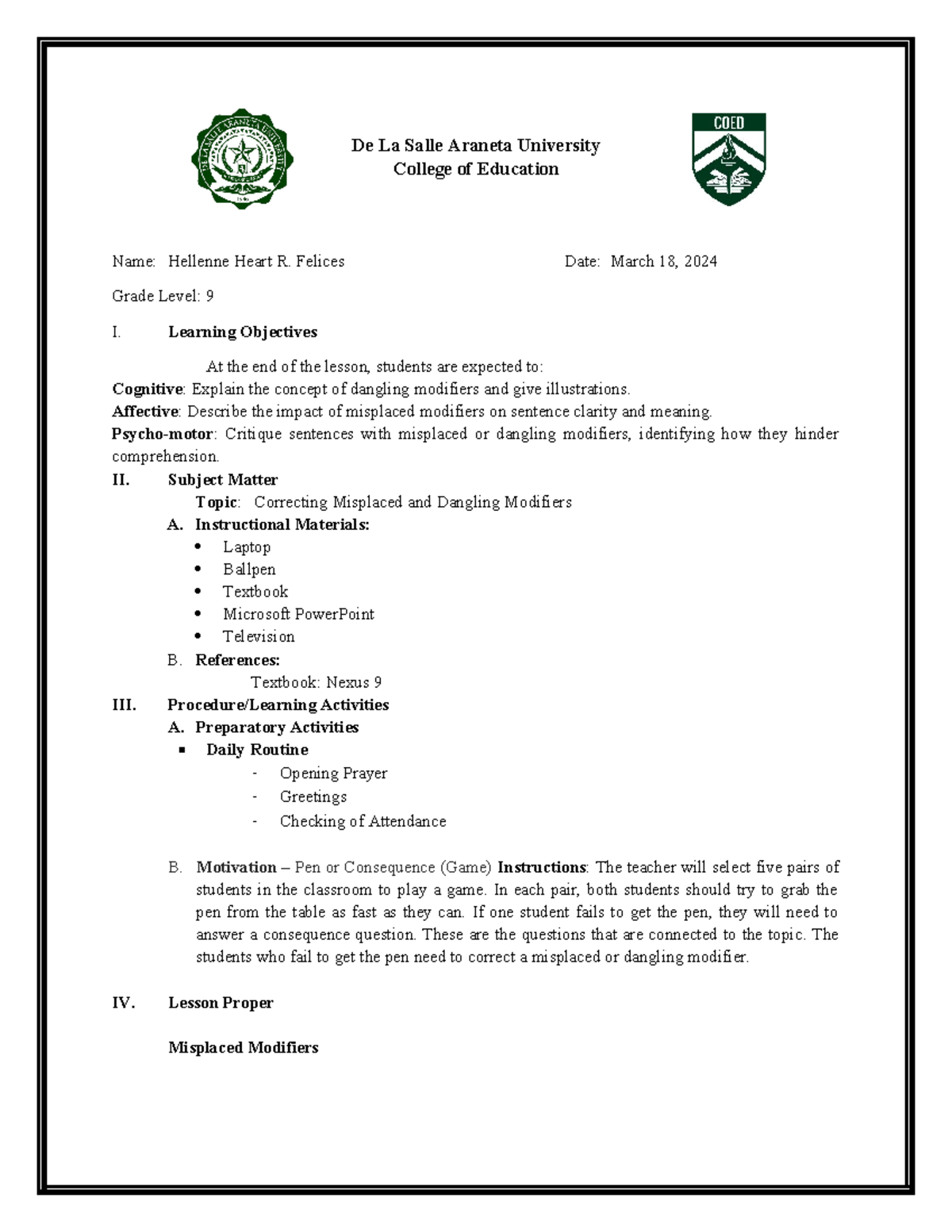 Grade 9 Lesson 5 Correcting Misplaced and Dangling Modifiers - De La ...