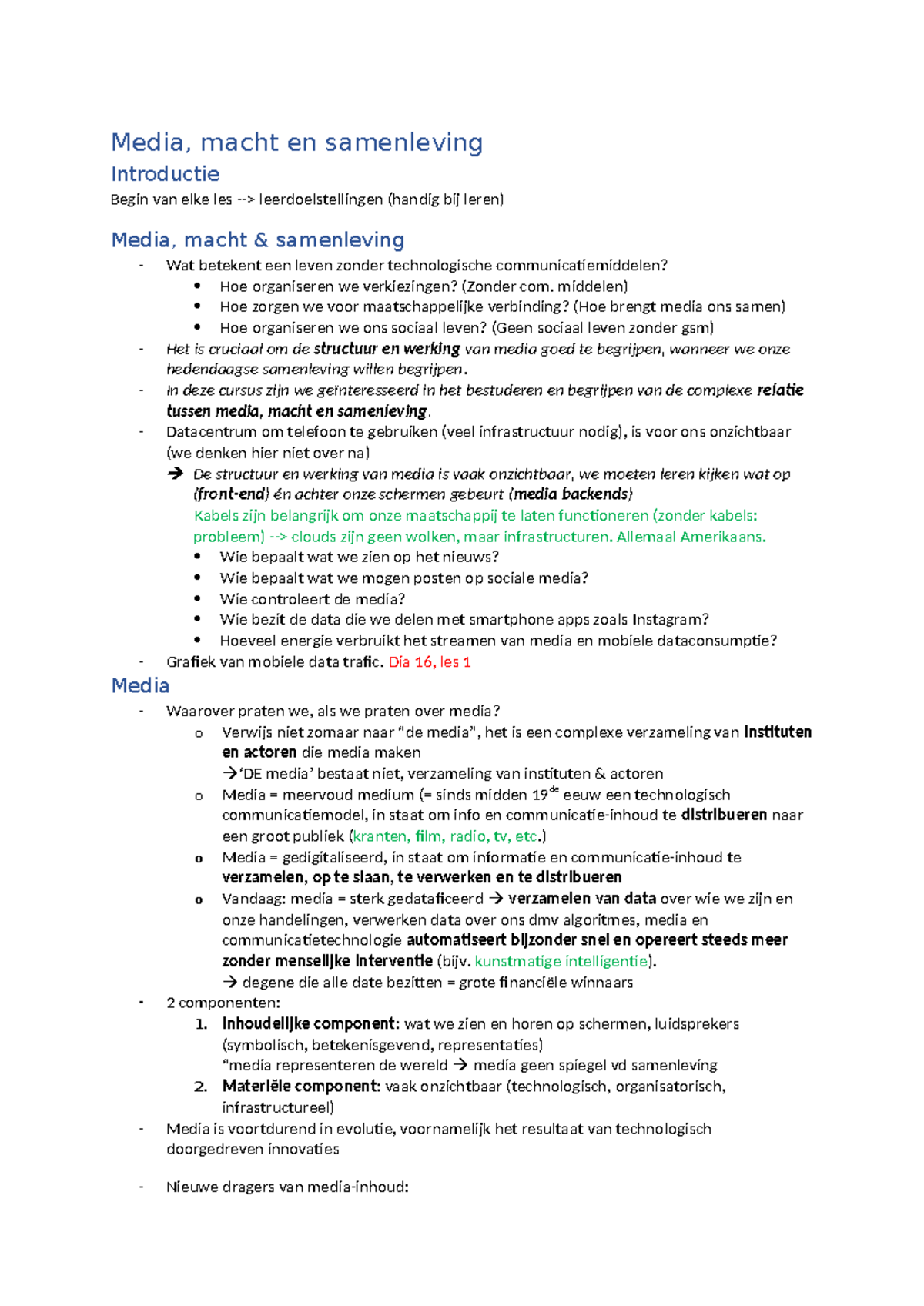 Les 1 introductie - notities van de powerpoint - Media, macht en ...