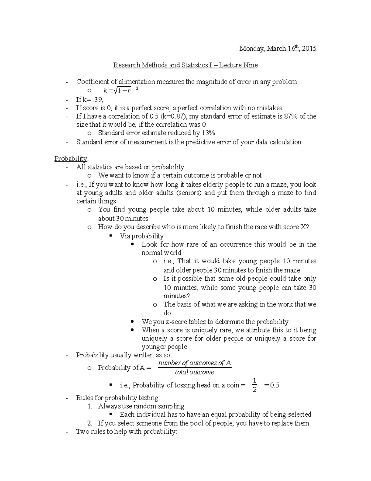 Research Methods and Statistics I Lecture Nine - Studocu