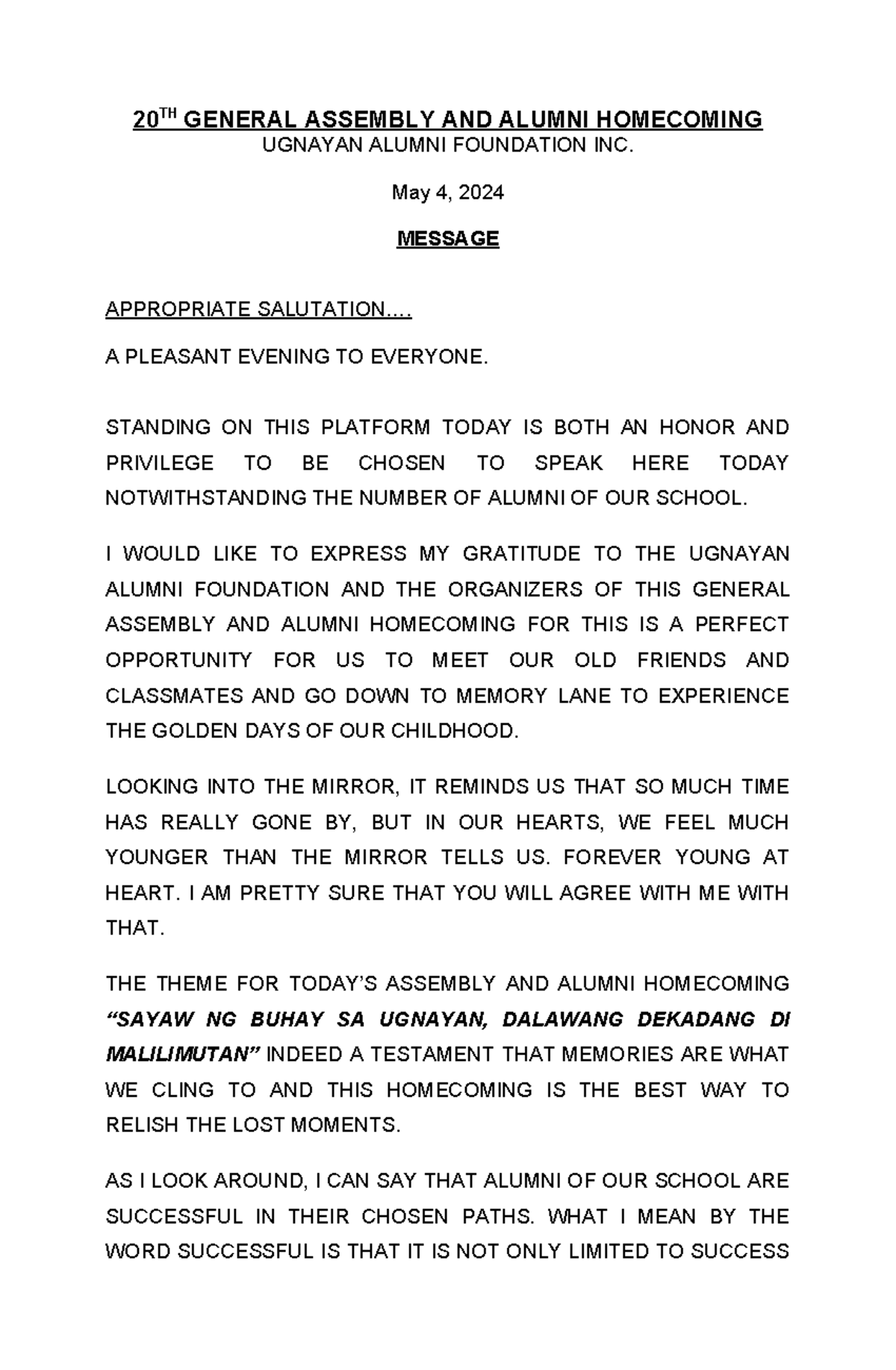 Alumni Homecoming Message - 20 TH GENERAL ASSEMBLY AND ALUMNI ...