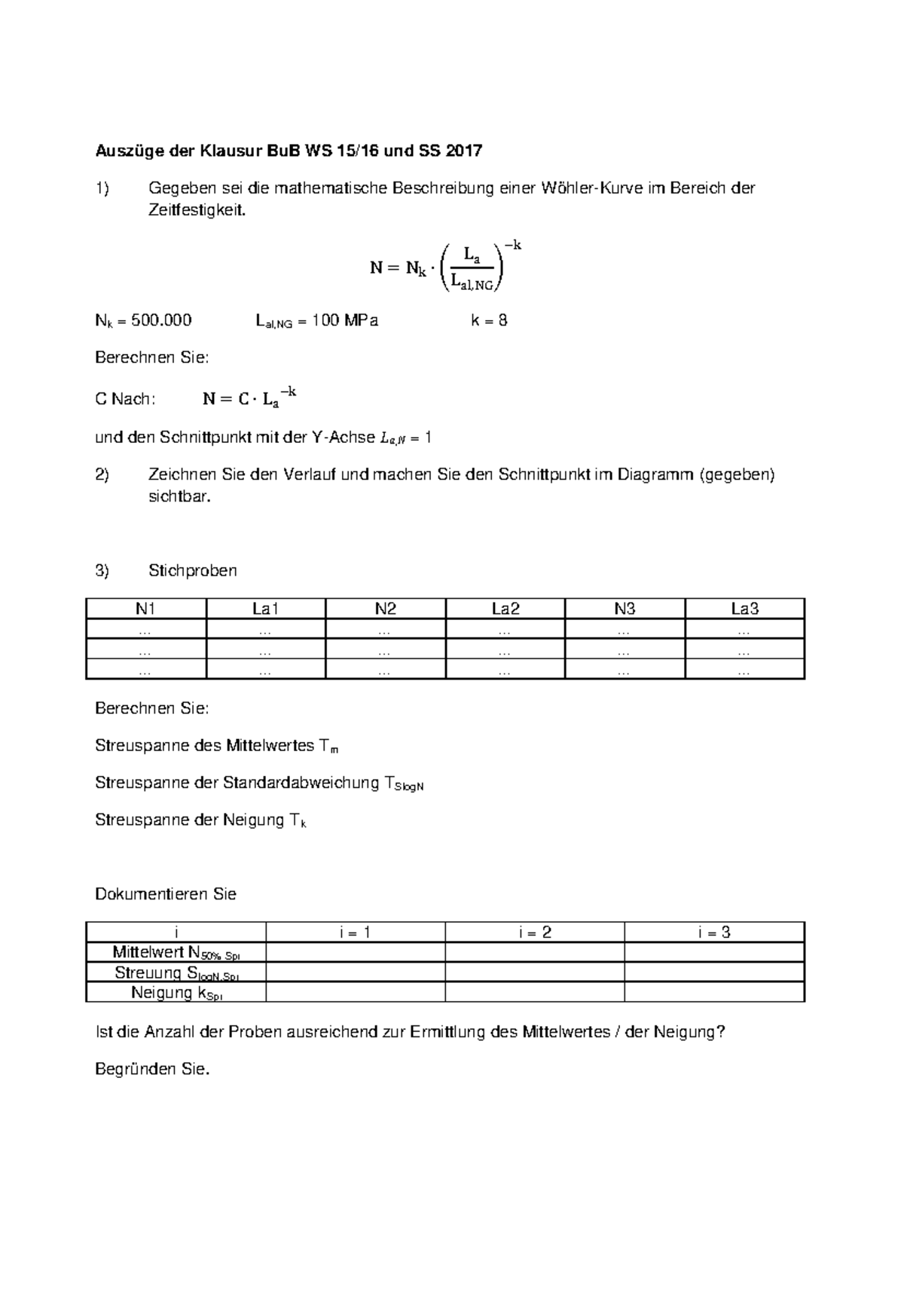 Klausur Sommersemester 2017, Fragen - Auszüge der Klausur BuB WS 15/16 und SS 2017 1) Gegeben ...